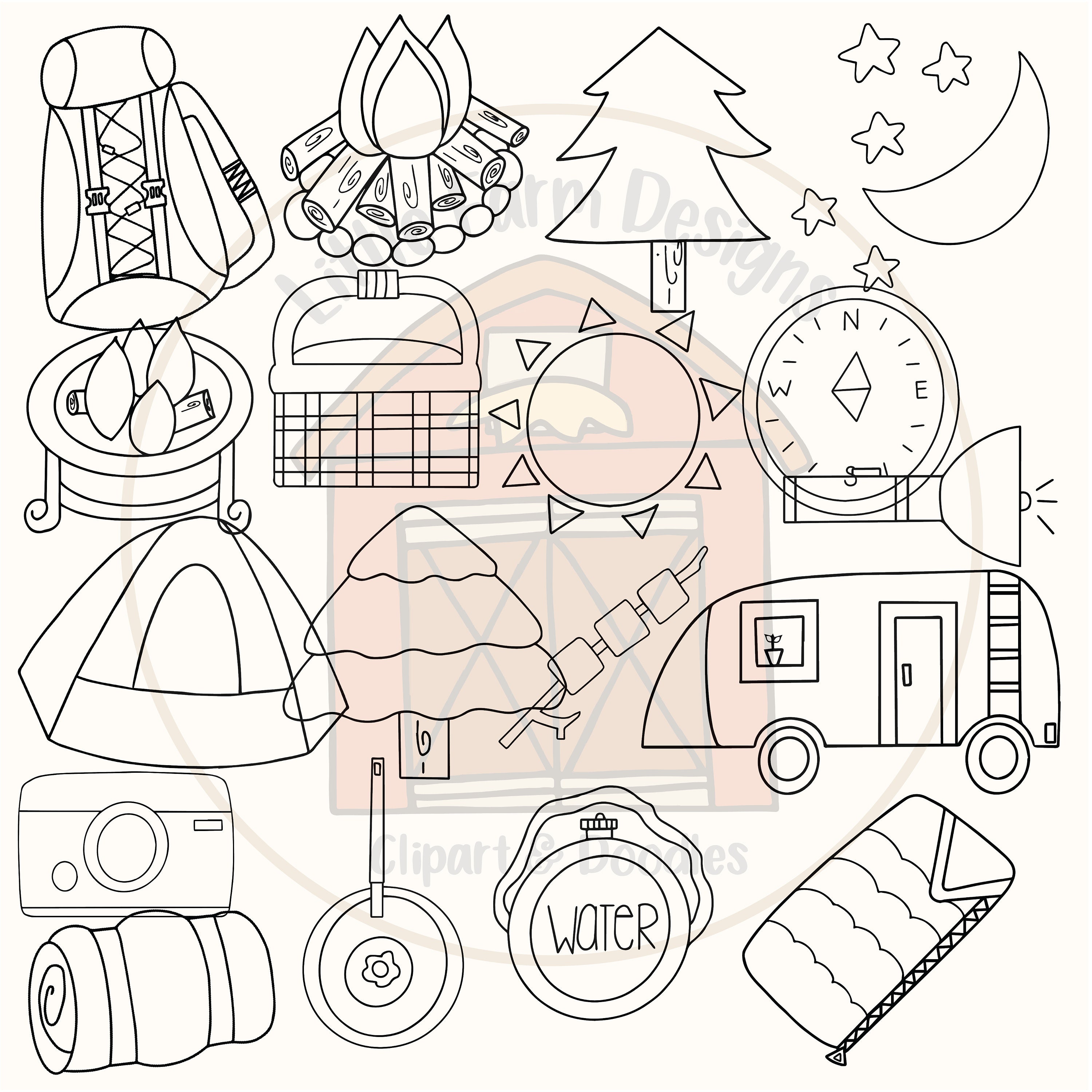 Camping Doodles Clipart, Camper Clipart, Camping Scrapbook Stamps ...