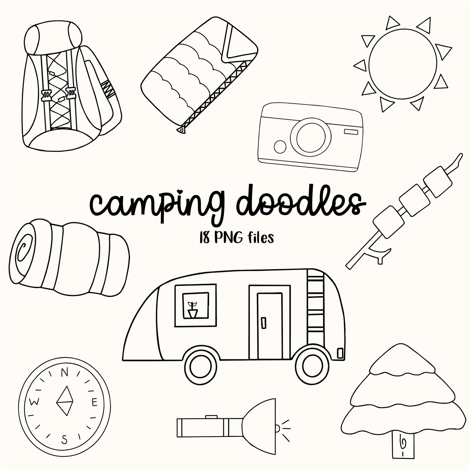 Camping Doodles Clipart, Camper Clipart, Camping Scrapbook Stamps ...