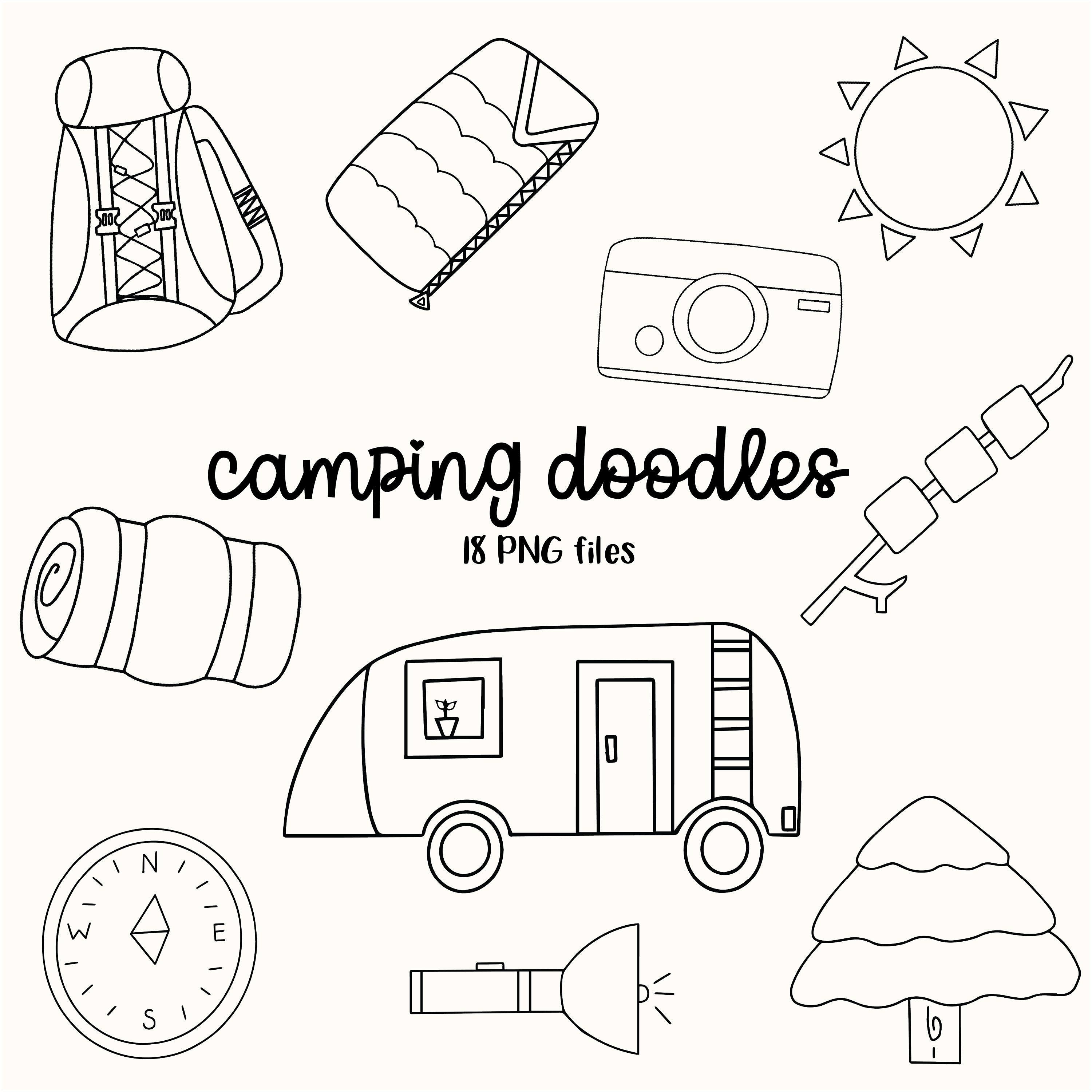 Camping Doodles Clipart, Camper Clipart, Camping Scrapbook Stamps ...