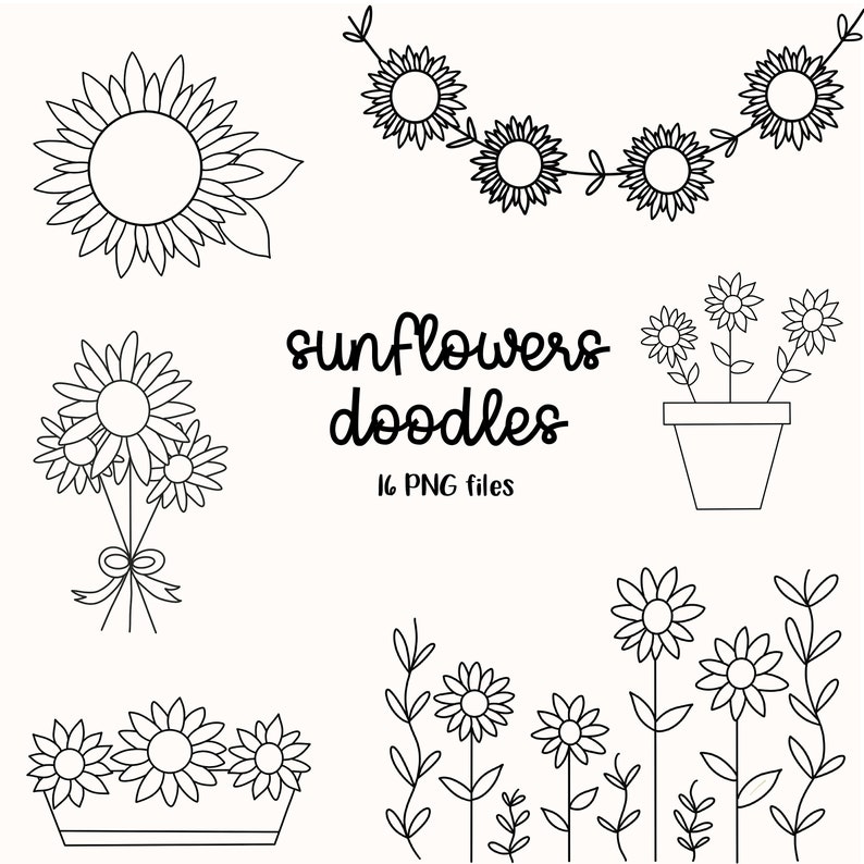 Sunflowers Clipart, Sunflower Doodles, Sunflowers Digital Stamps, Spring Flowers Doodles, Potted ...