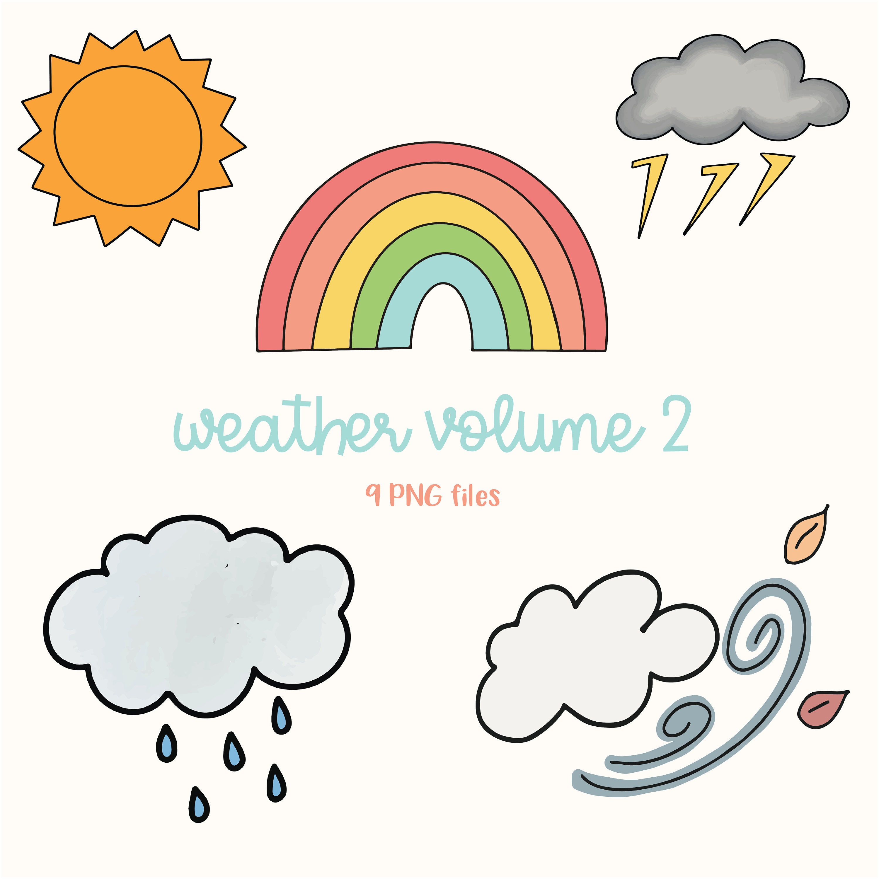 Weather Clipart Bundle, Weather Stamps, Weather Doodles, Rainbow ...