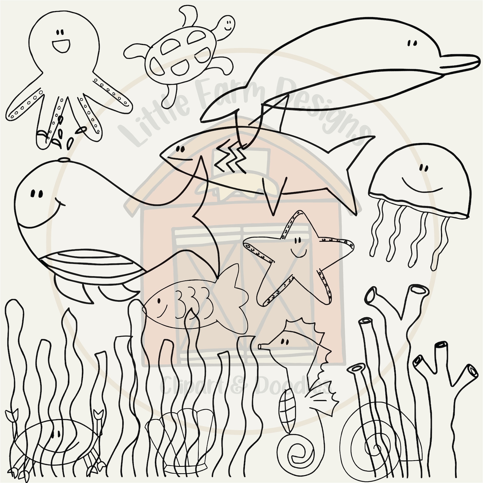 Sea Animals Digital Stamps - Sea Animals Black and White - Sea Animals ...