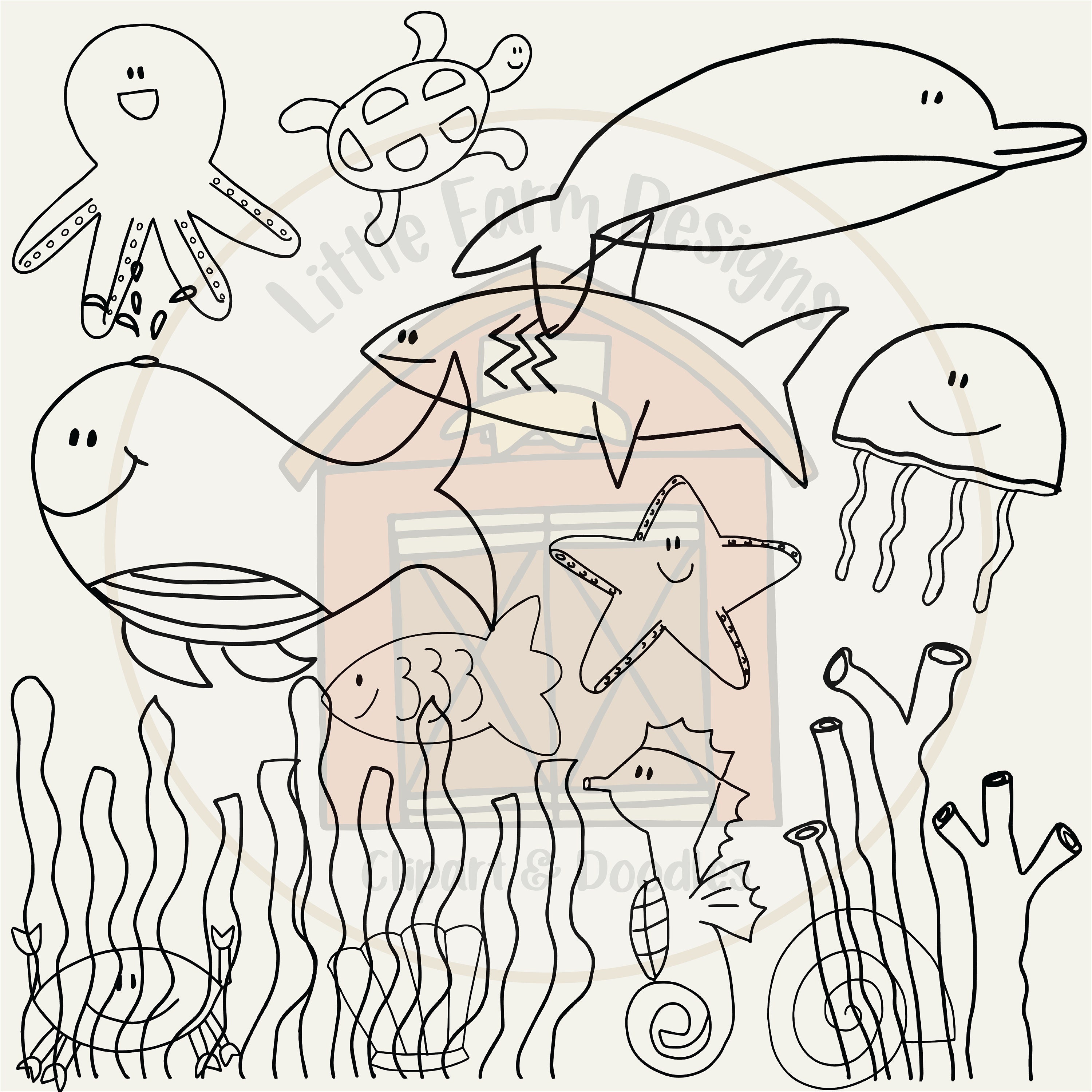 Sea Animals Digital Stamps - Sea Animals Black and White - Sea Animals ...