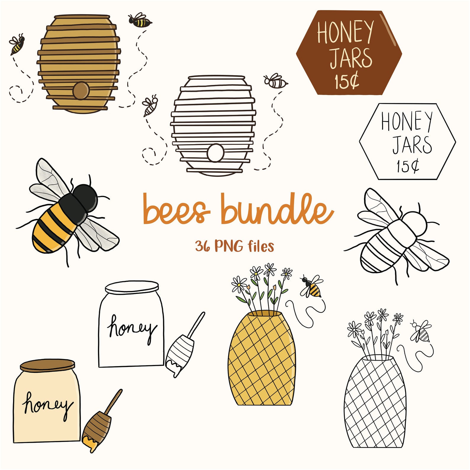 Bees Clipart Bundle, Bees Doodles, Beehive Clipart, Honeycomb Clipart ...
