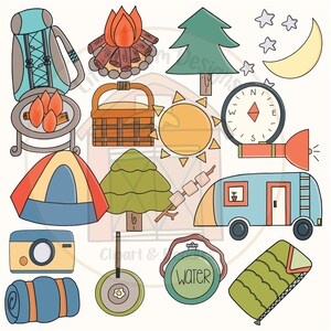 Camping Doodles Clipart, Camper Clipart, Camping Scrapbook Stamps ...