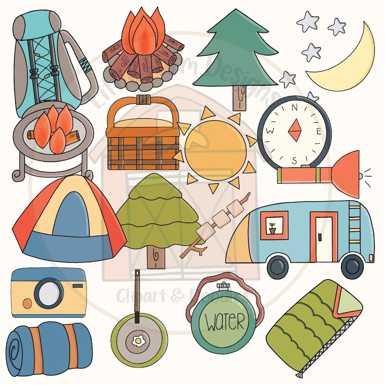 Camping Doodles Clipart, Camper Clipart, Camping Scrapbook Stamps ...