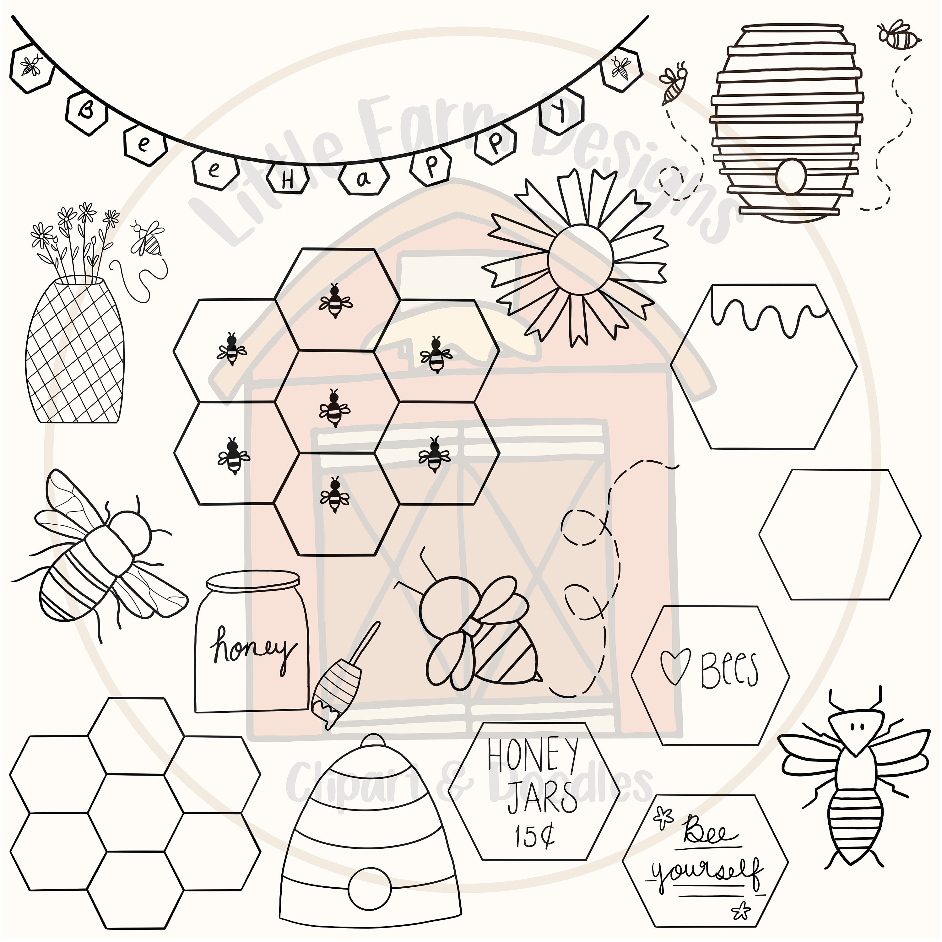 Bee Clipart, Bees Doodle, Beehive Clipart, Spring Clipart, Honeycomb ...