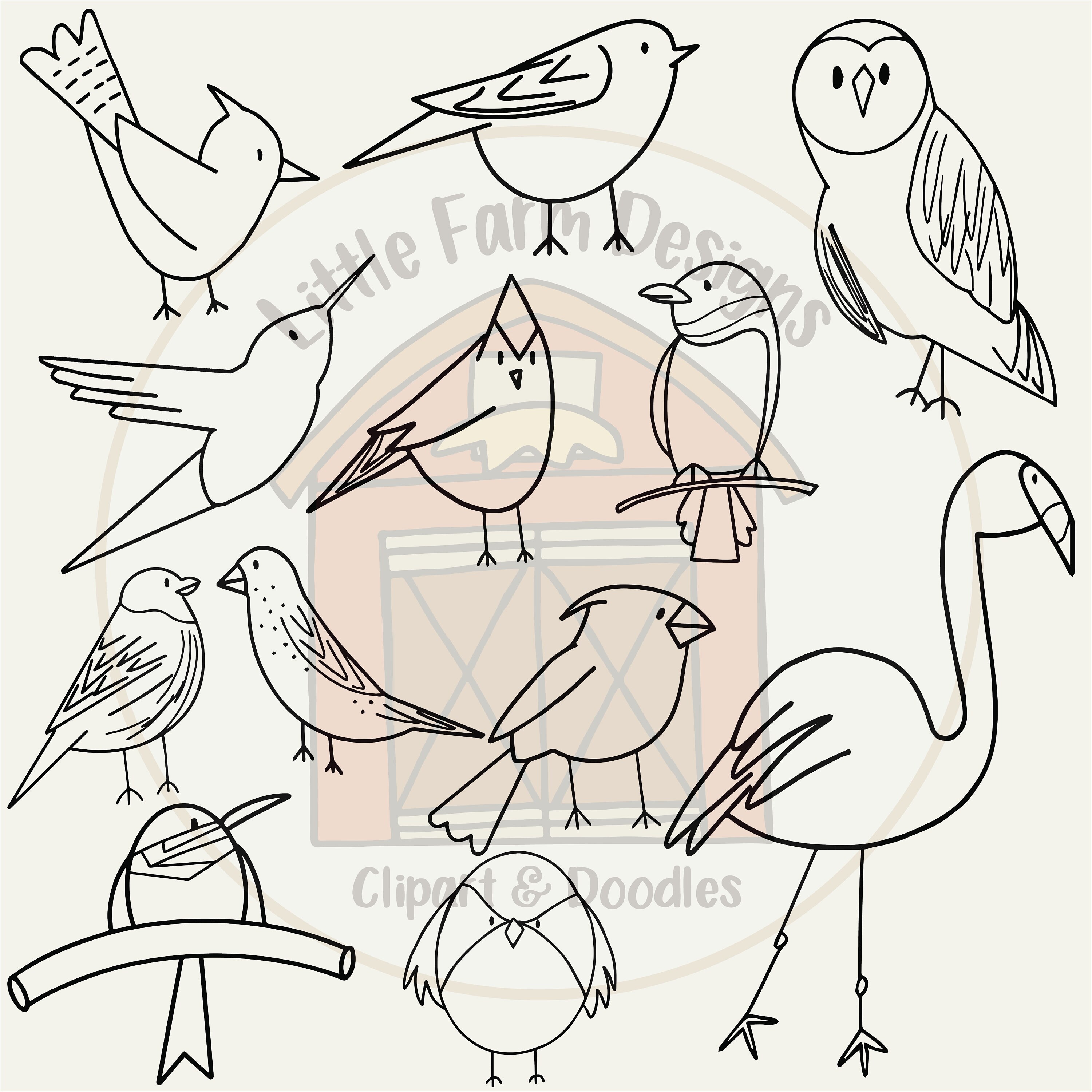 Birds Digital Stamps, Birds Doodles, Birds Black & White, Birds Clear ...