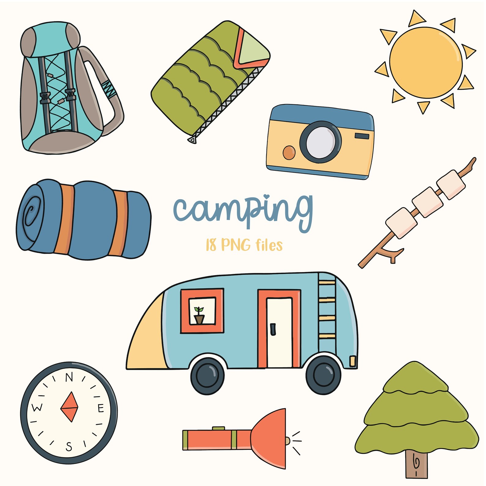 Camping Doodles Clipart, Camper Clipart, Camping Scrapbook Stamps ...