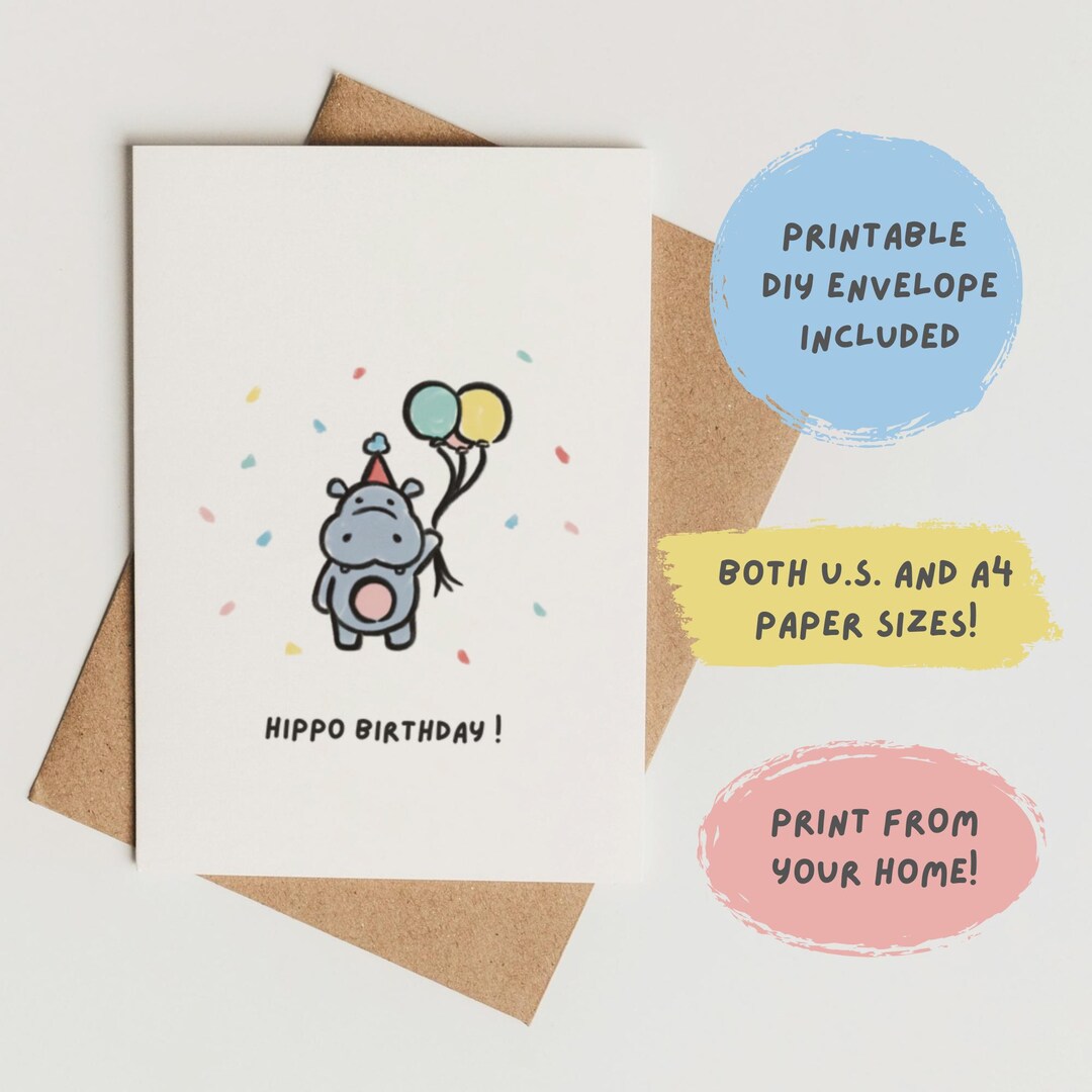 PRINTABLE Hippo Birthday - Digital Birthday Card, Greeting Card, Cute ...
