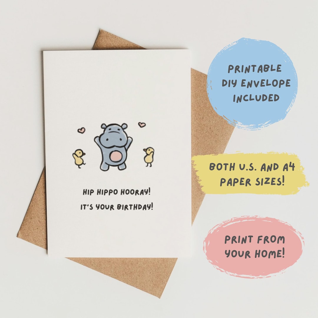 PRINTABLE Hip Hippo Hooray - Digital Birthday Card, Greeting Card, Cute ...