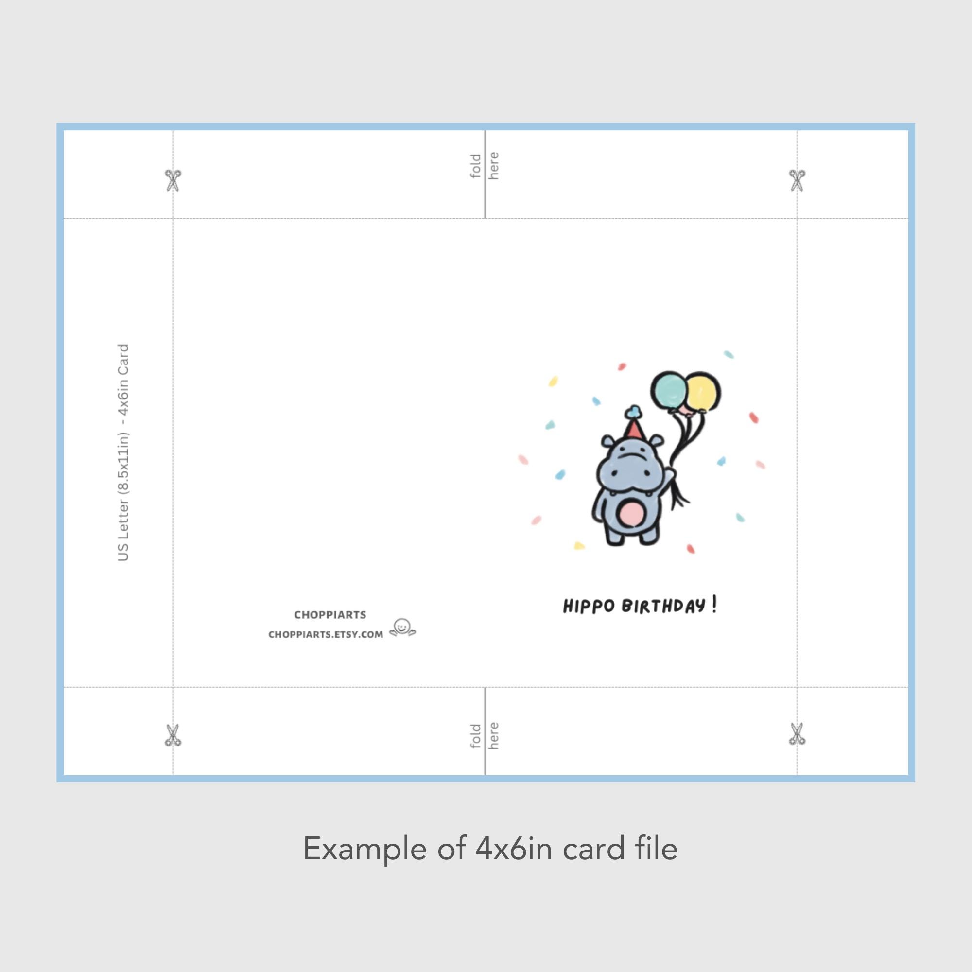 PRINTABLE Hippo Birthday - Digital Birthday Card, Greeting Card, Cute ...