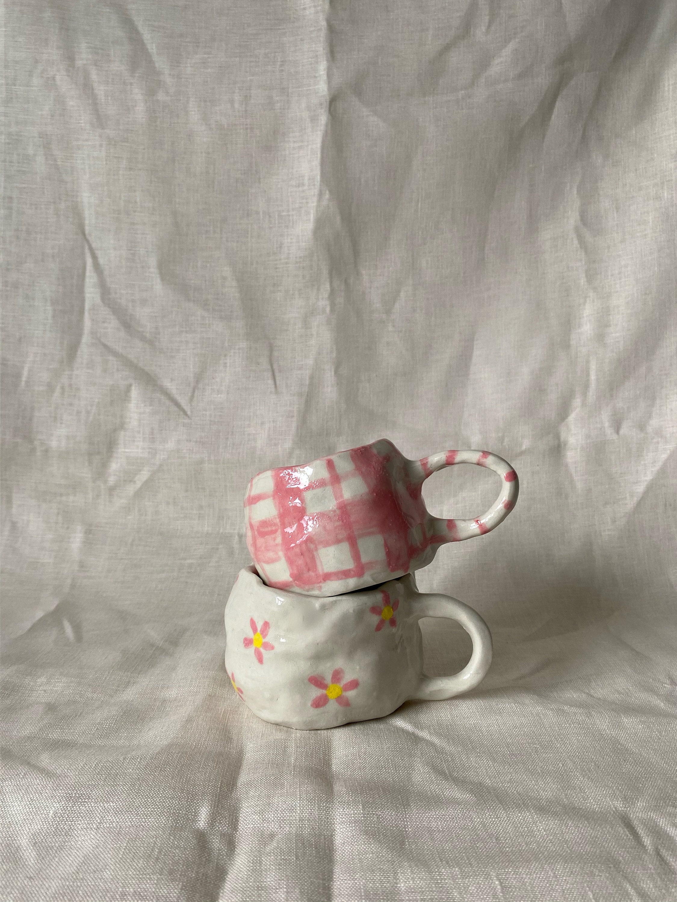 Handmade Pink Gingham Ceramic Mug - Etsy