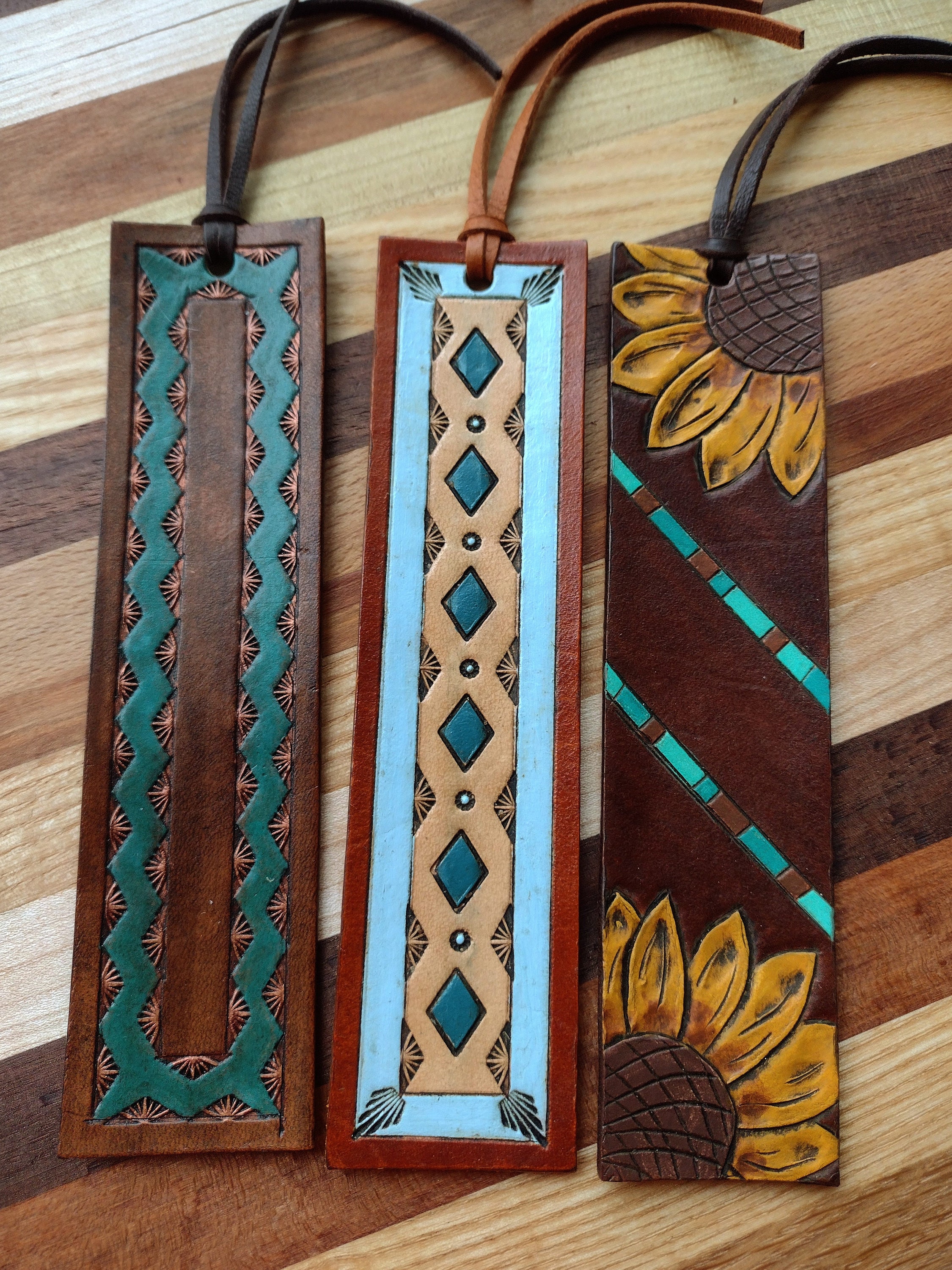Hand Tooled Leather Bookmarks, Hand Tool and Painted in Various Unique ...