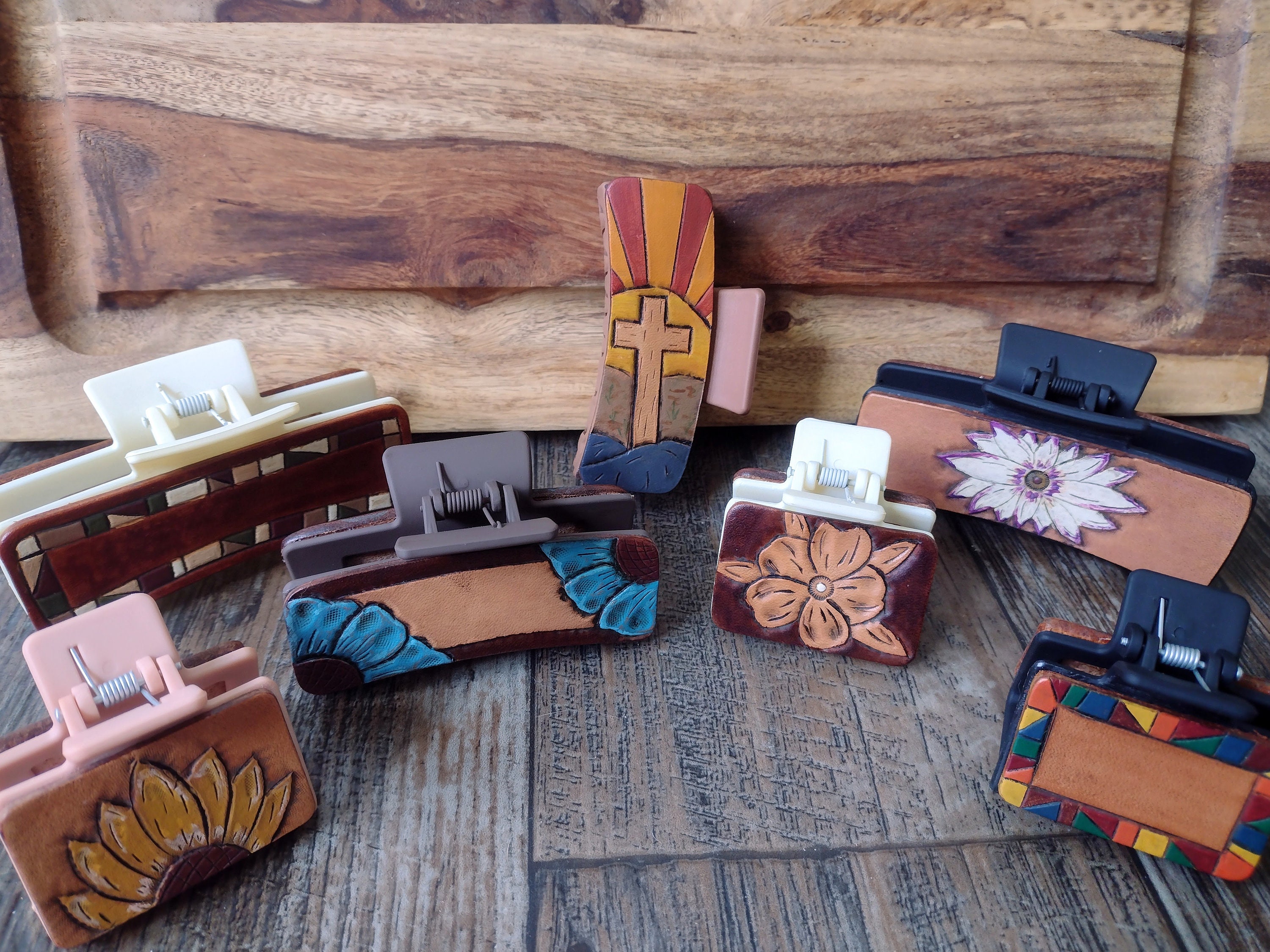 Hand Tooled Leather Claw Clips, Various Sizes, Colors & Designs YOUR ...