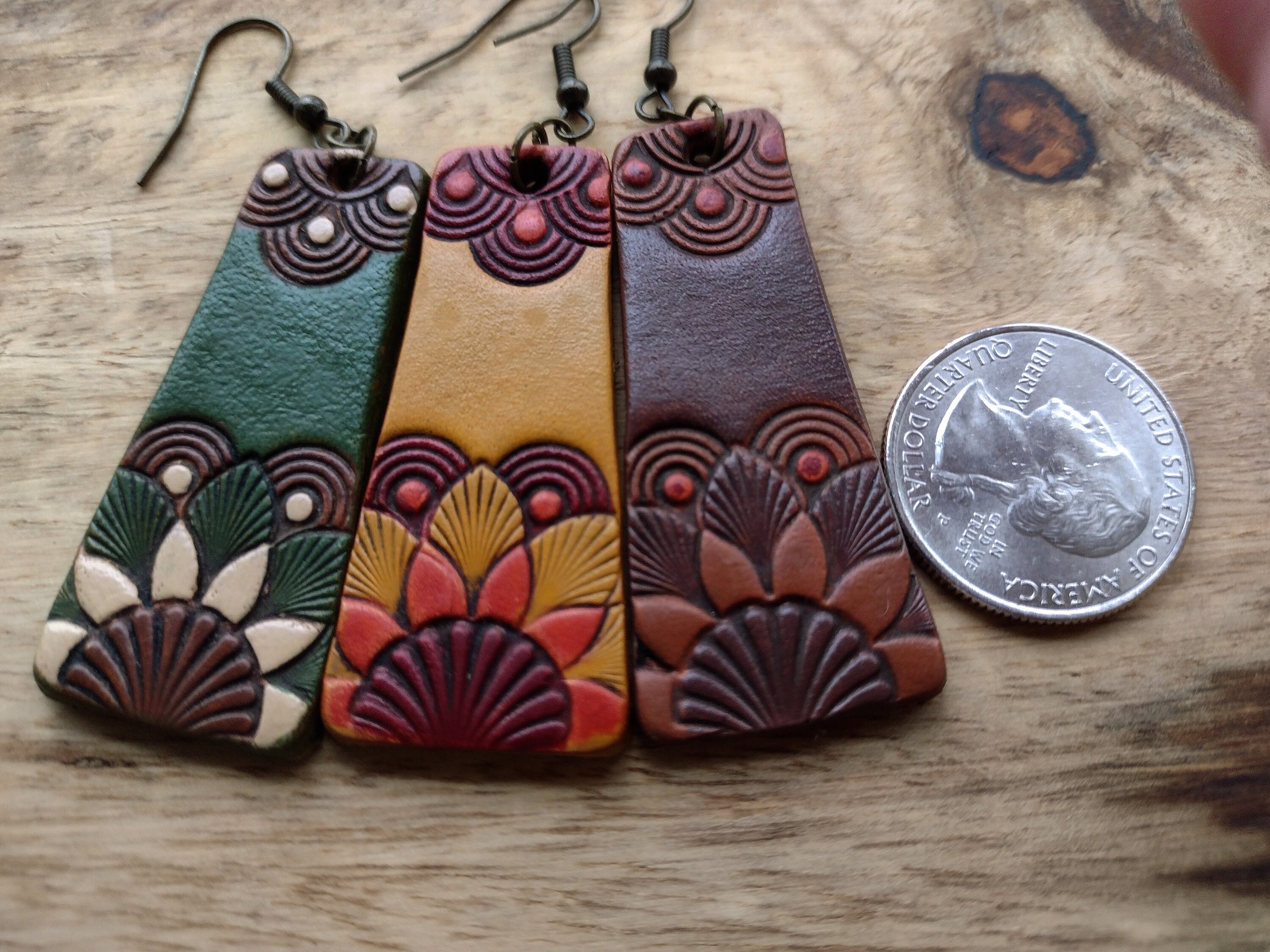 Hand Tooled Leather Earrings, Mandala Design, Hand Dyed and Then Hand ...