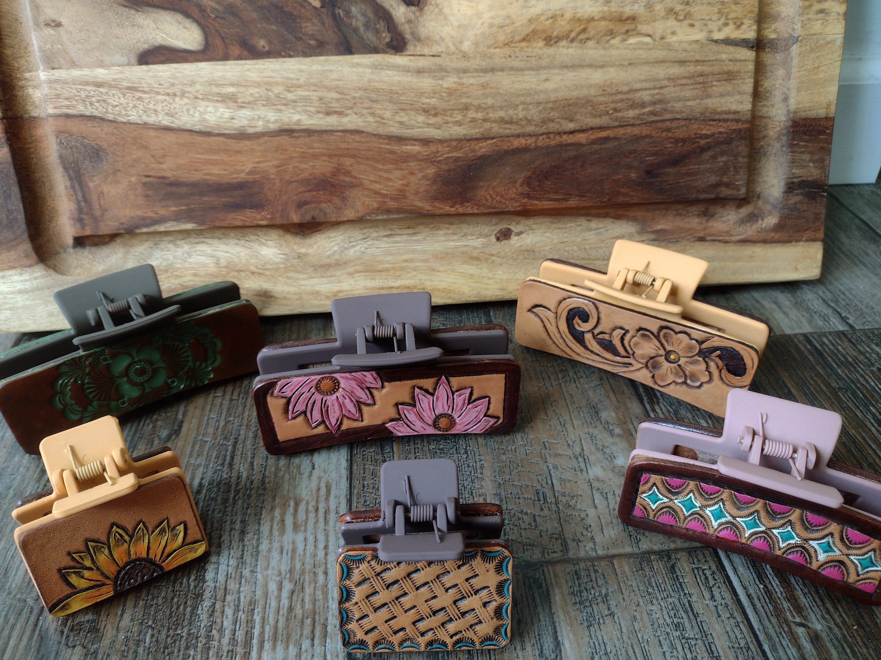 Hand Tooled Leather Claw Clips, Various Sizes, Colors & Designs YOUR ...