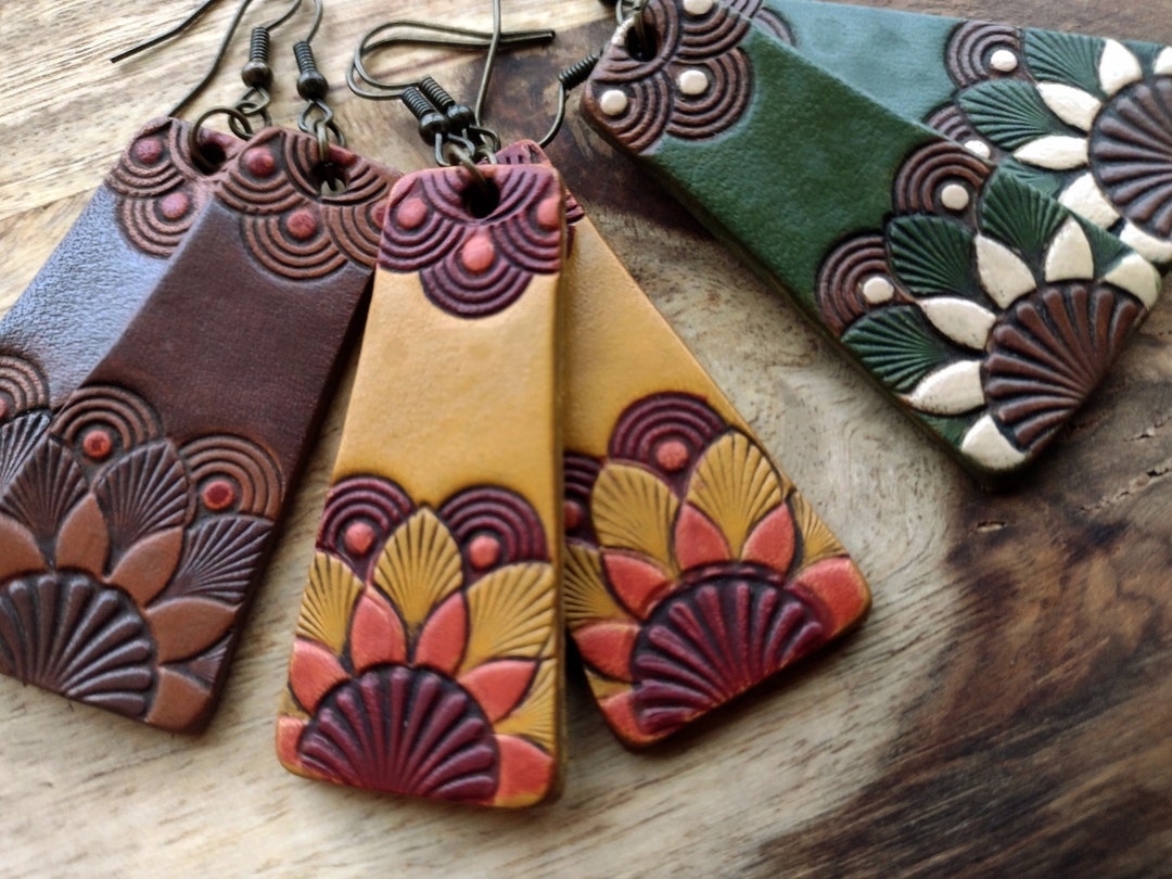 Hand Tooled Leather Earrings, Mandala Design, Hand Dyed and Then Hand ...
