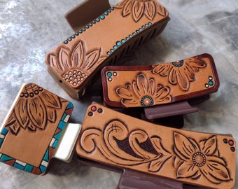 Hand Tooled Leather Claw Clips, Various Sizes, Colors & Designs - YOUR ...