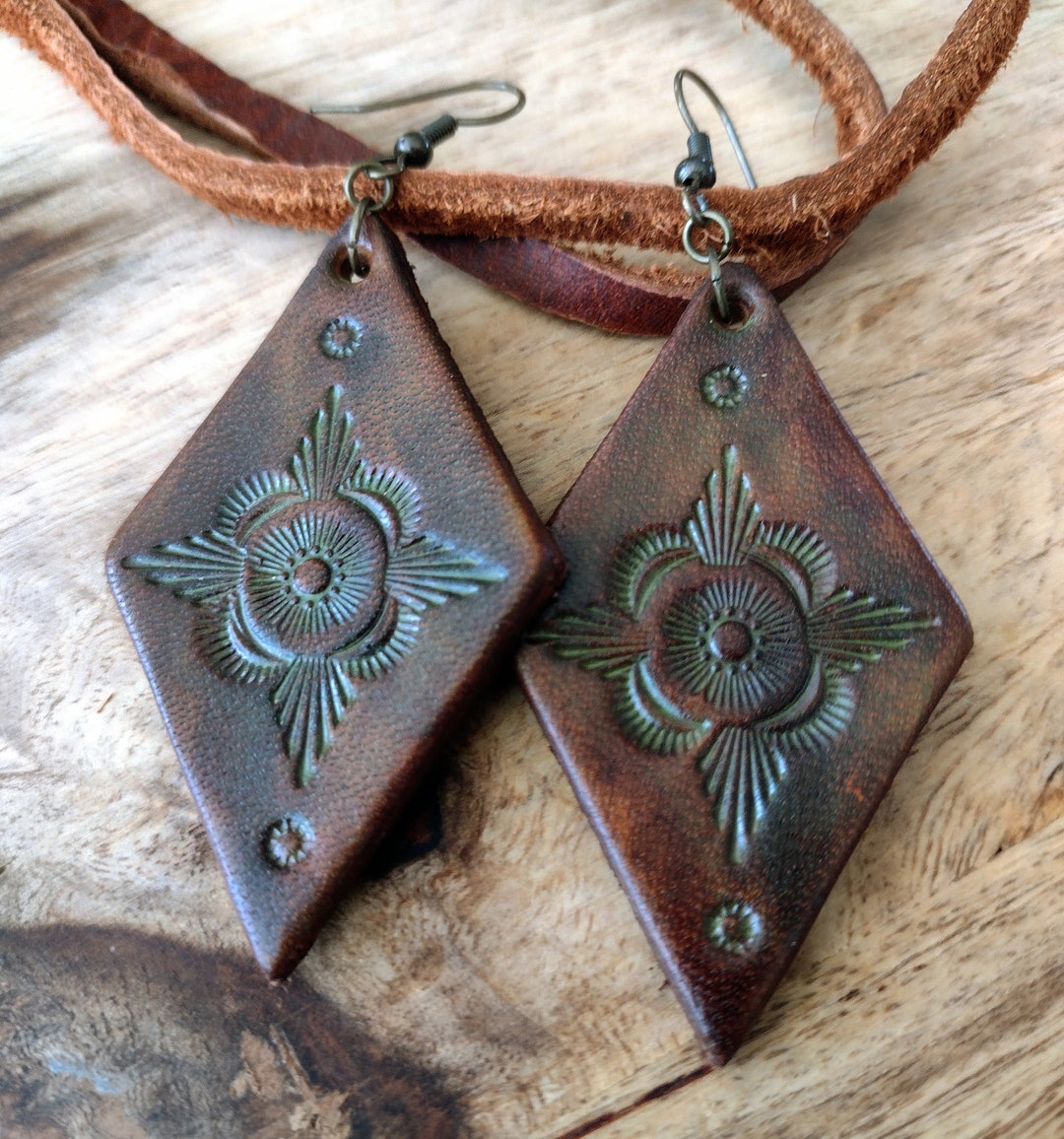Tooled Leather Diamond Shape Earrings, Unique Design, Hand Dyed a ...