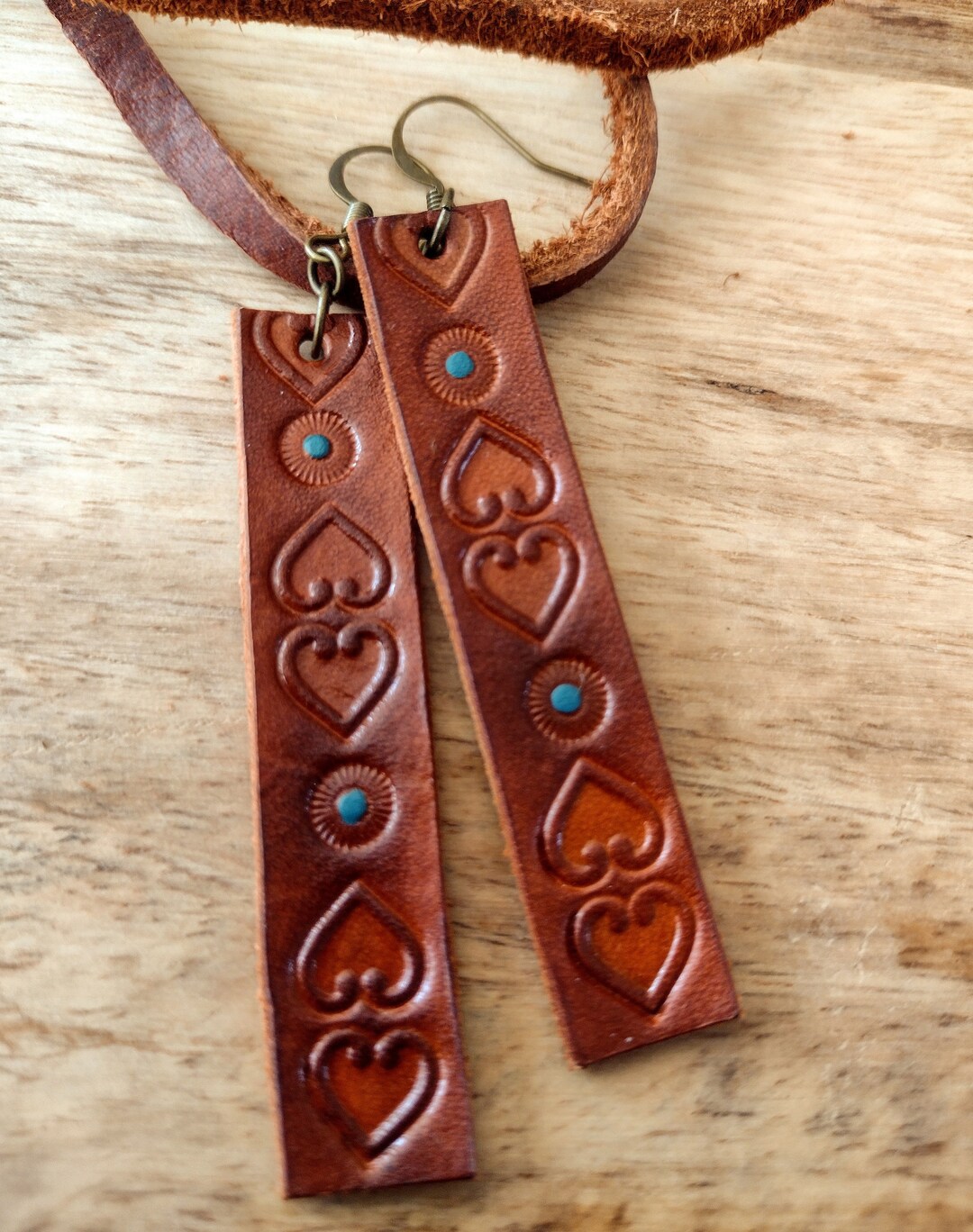 Tooled Leather Bar Earrings, Simple Heart Design With a Little ...