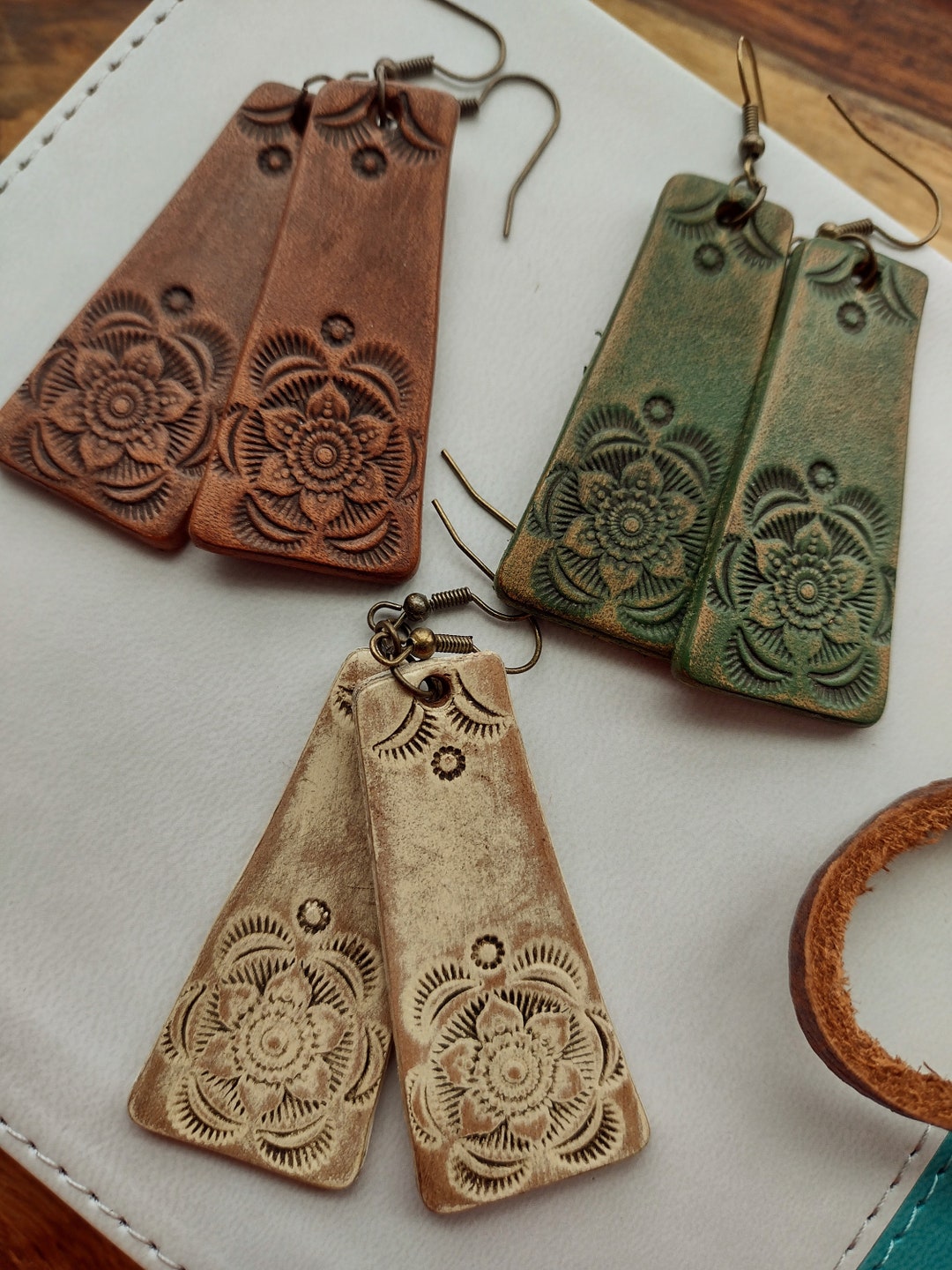 Tooled Leather Earrings, Boho Earrings, Unique Design, Off-white ...