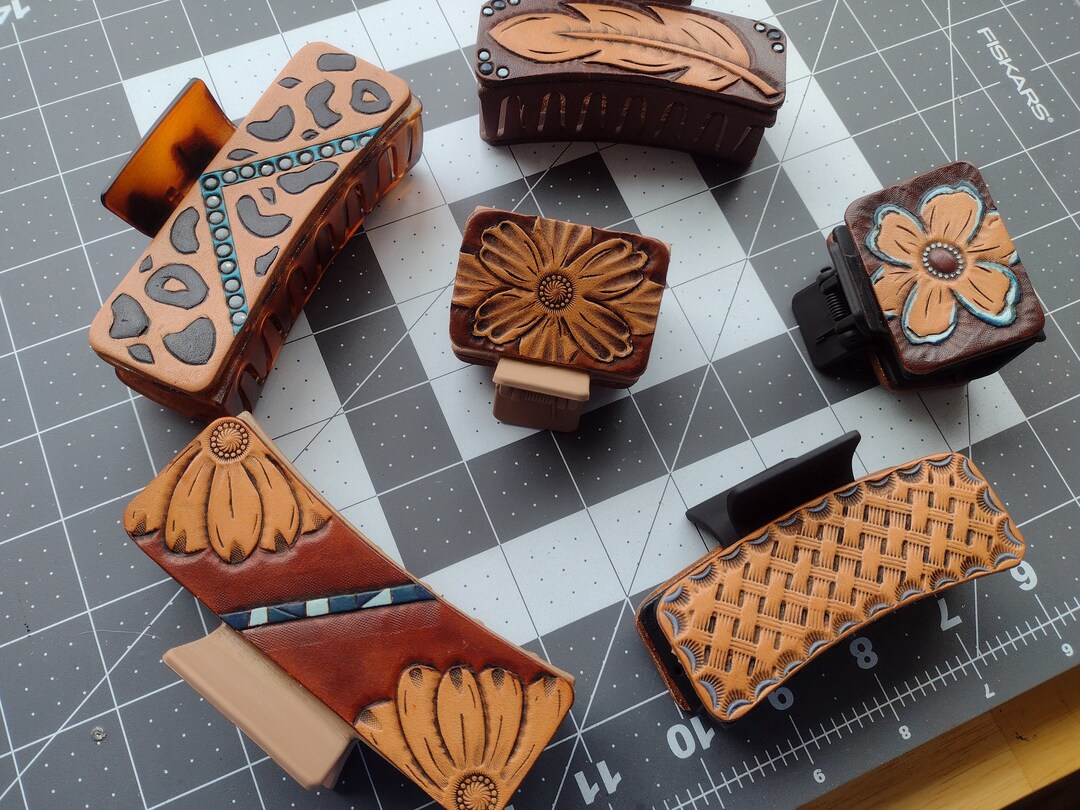 Hand Tooled Leather Claw Clips, Various Sizes, Colors & Designs - YOUR ...