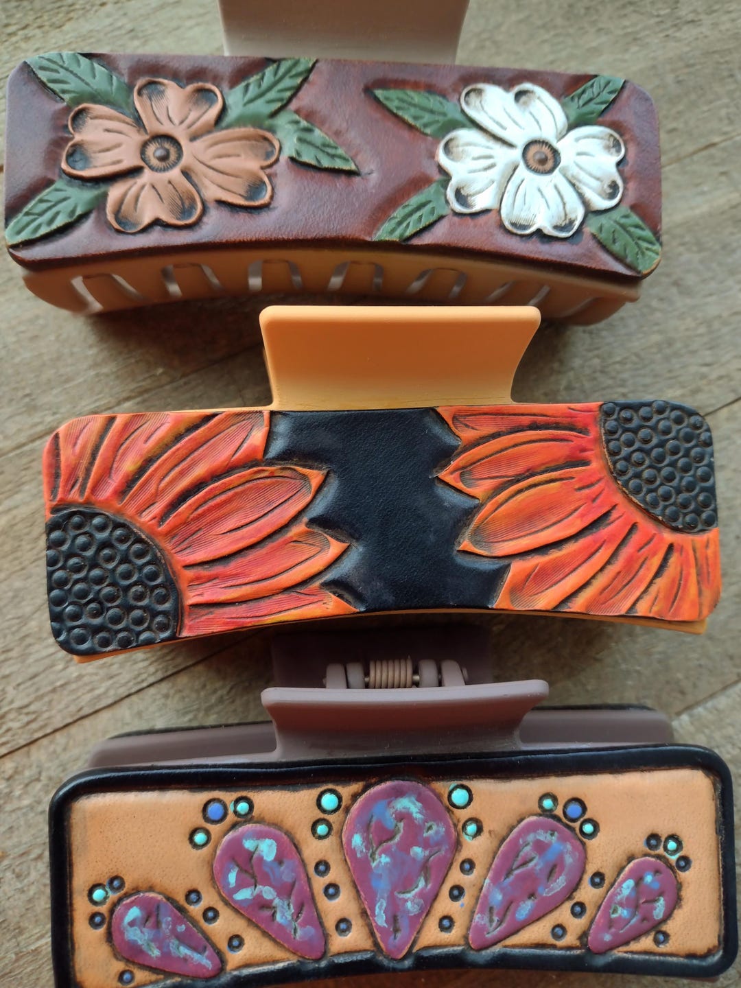 Hand Tooled Leather Claw Clips, Various Colors & Designs, Size L 4 ...