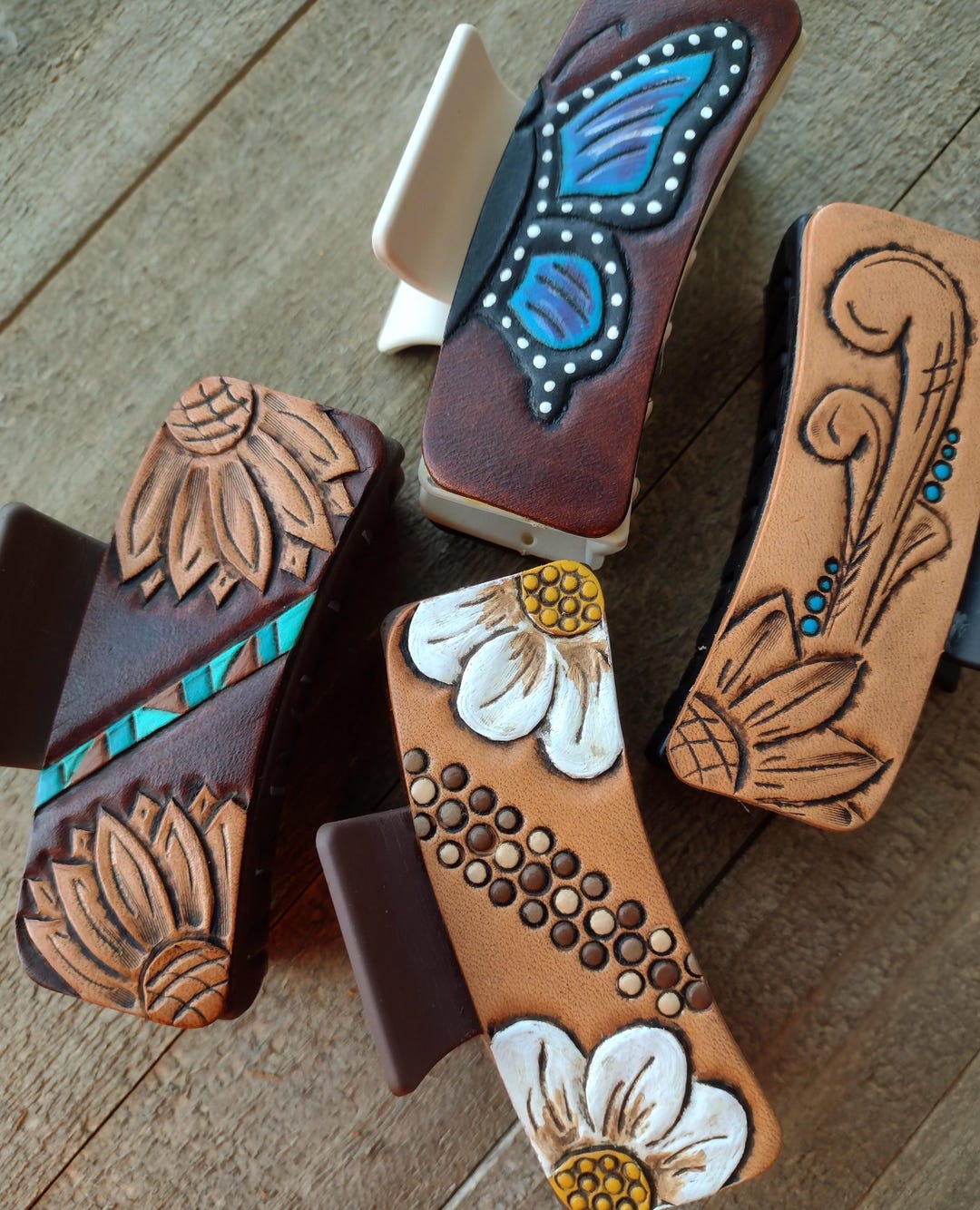 Hand Tooled Leather Claw Clips, Various Colors & Designs, Size M 3.5 ...