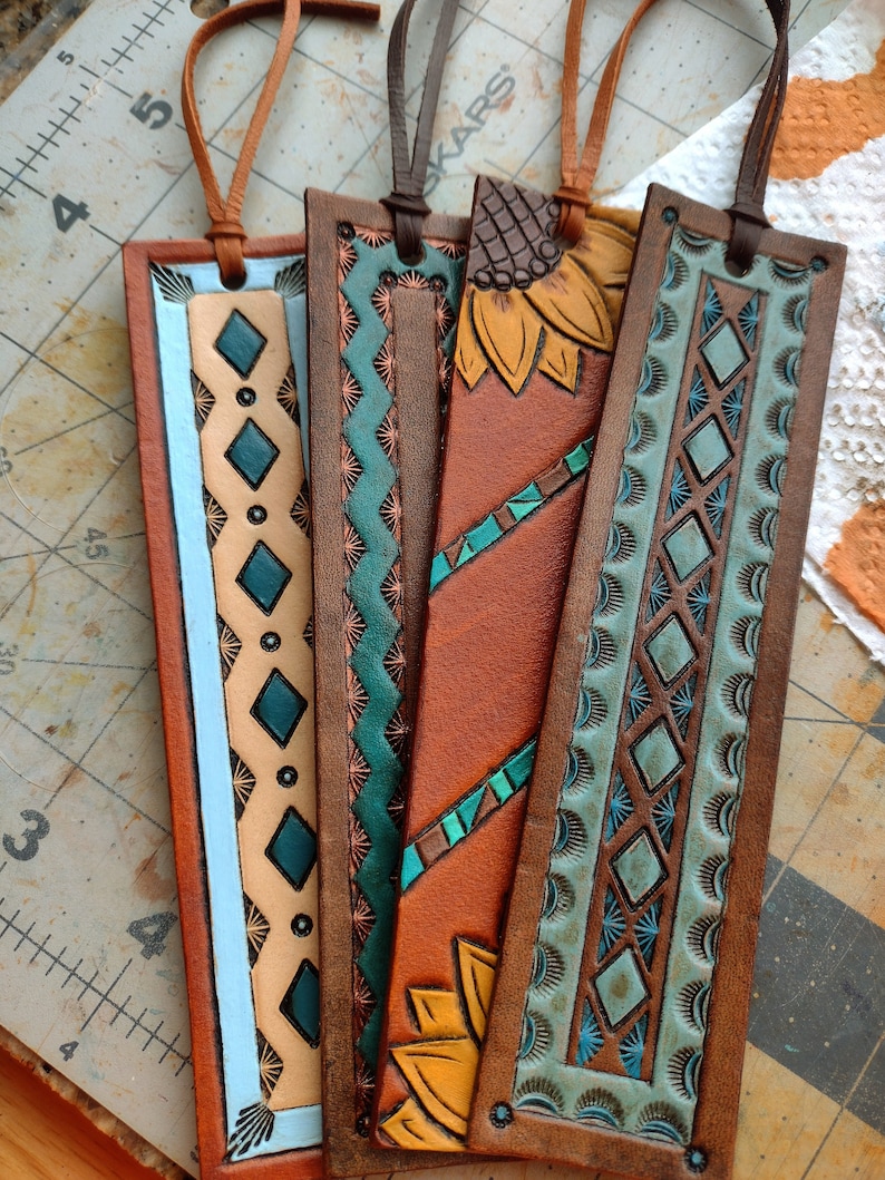 Hand Tooled Leather Bookmark, Unique Design, Hand Painted in Beautiful ...