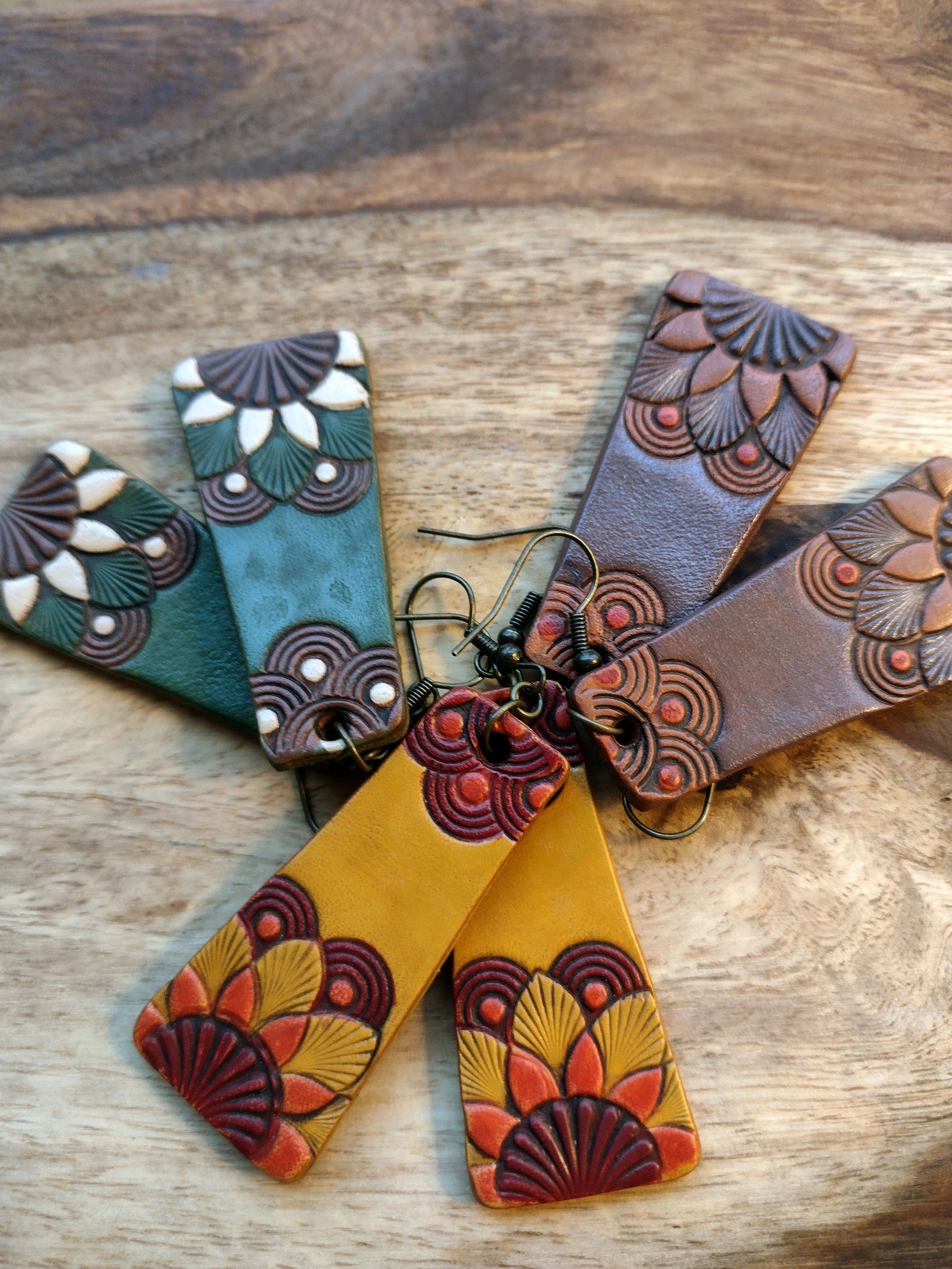 Hand Tooled Leather Earrings, Mandala Design, Hand Dyed and Then Hand ...