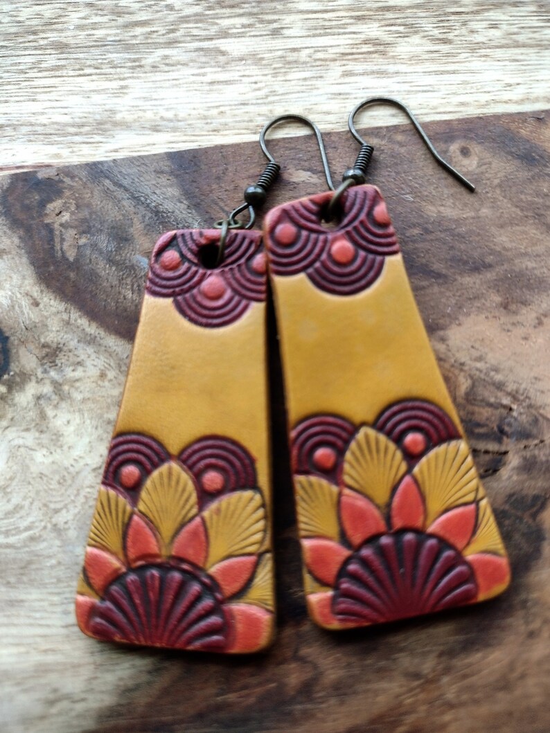Hand Tooled Leather Earrings, Mandala Design, Hand Dyed and Then Hand ...