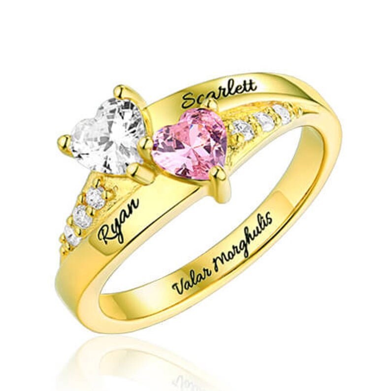 Personalized Rings Engraved Double Heart Birthstone Ring - Etsy UK