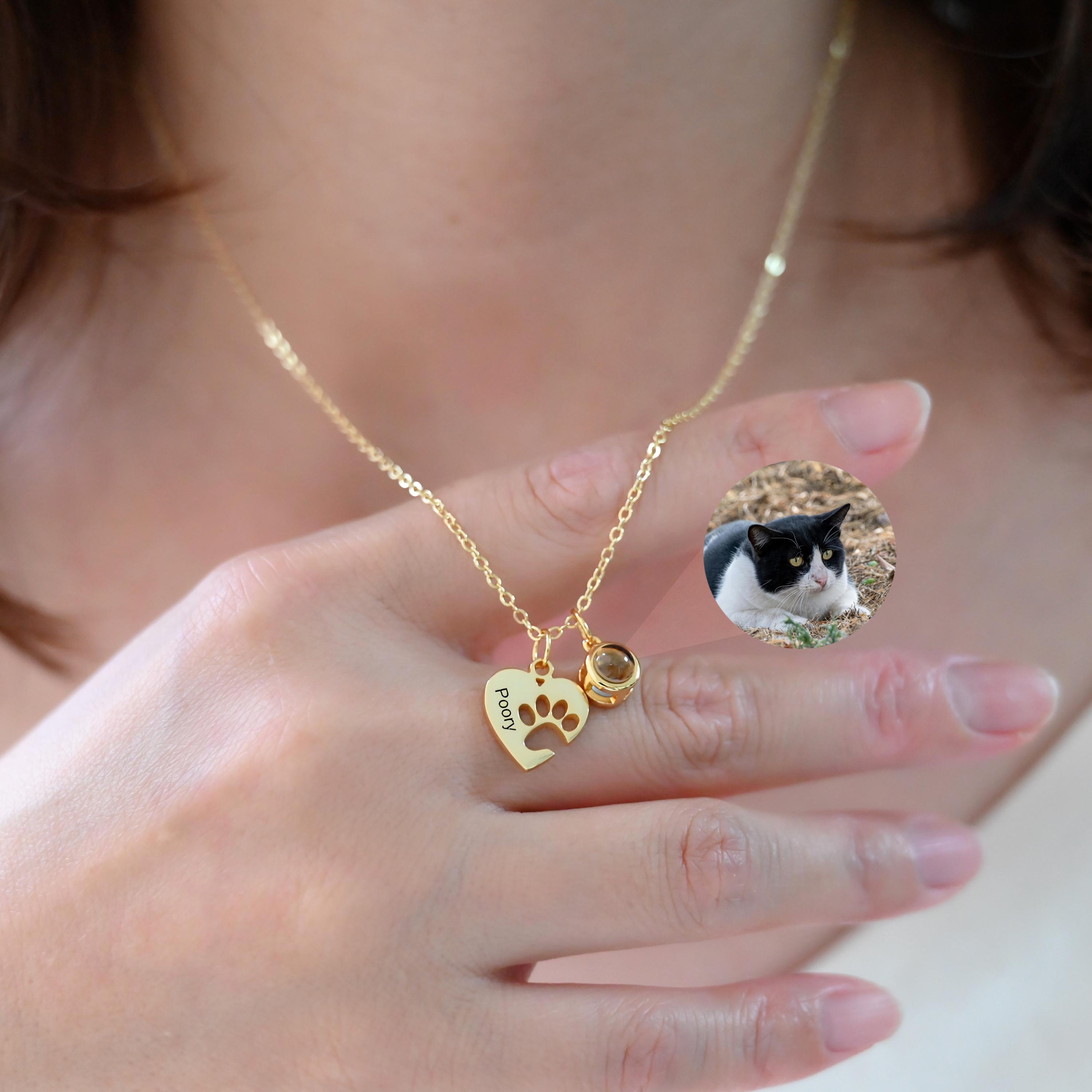Custom Paw Name Photo Necklace With Heart, Photo Projection Necklace ...
