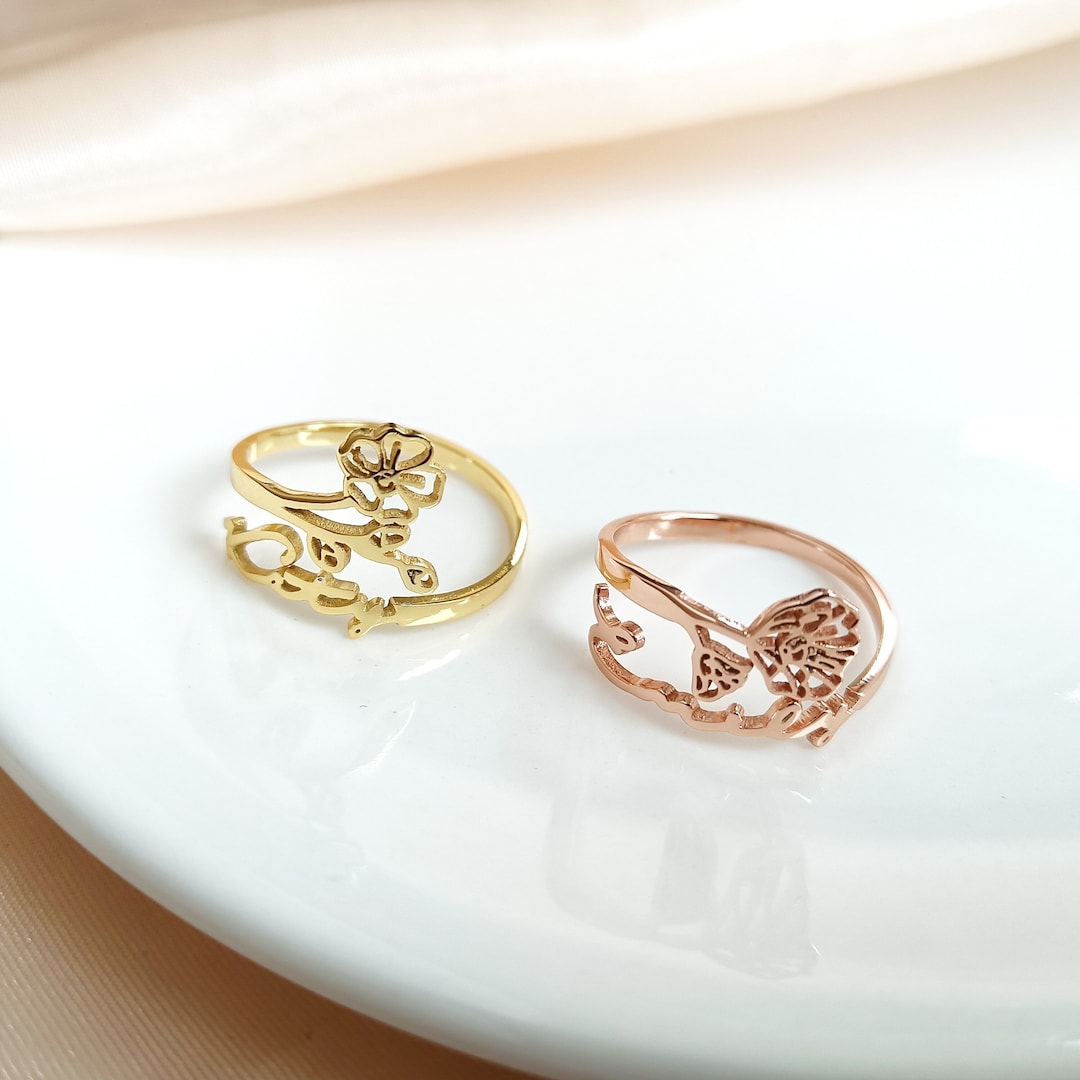 Custom Birth Flower Name Ring,personalized Name Ring,adjustable Ring ...