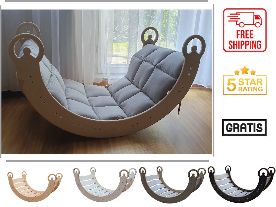 Wooden Rocker With Gray Optional Cushion Climbing Wall Slide and ...