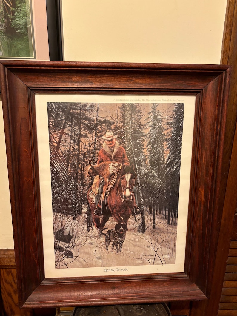 Framed Dan Marco Spring Rescue Print Cowboy Saving Baby Calf on ...