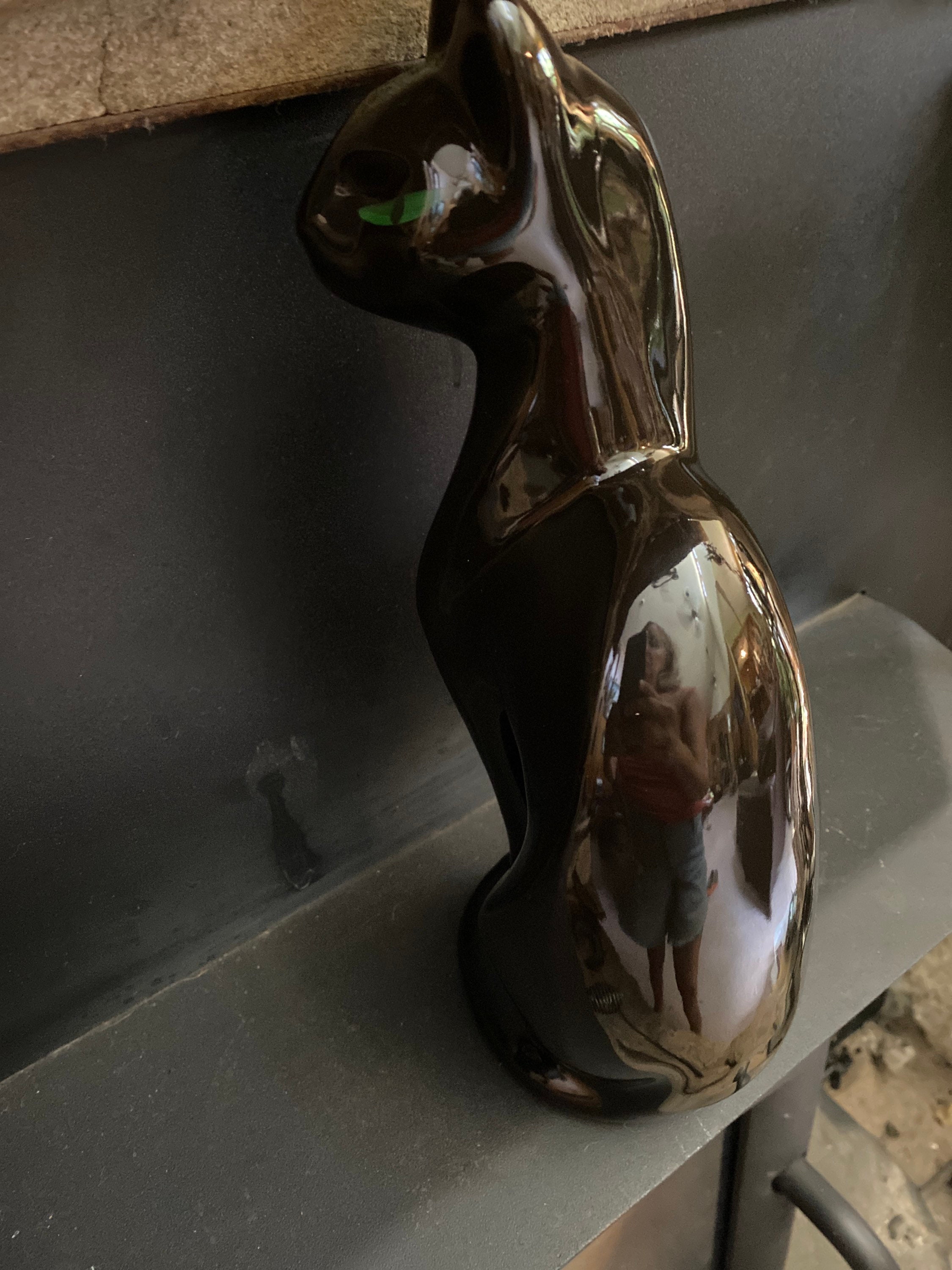 Black Ceramic Cat Statue Jade Green Eyes 11.5 Inch Tall - Etsy