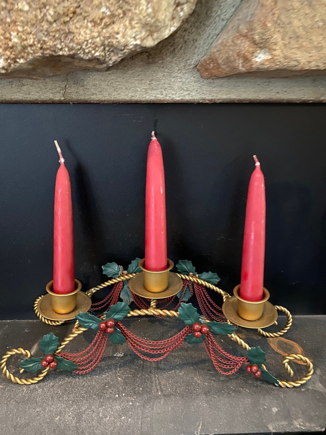 Gold Twisted Christmas Holly Berry Candle Holder W Red Chains 3 Taper ...