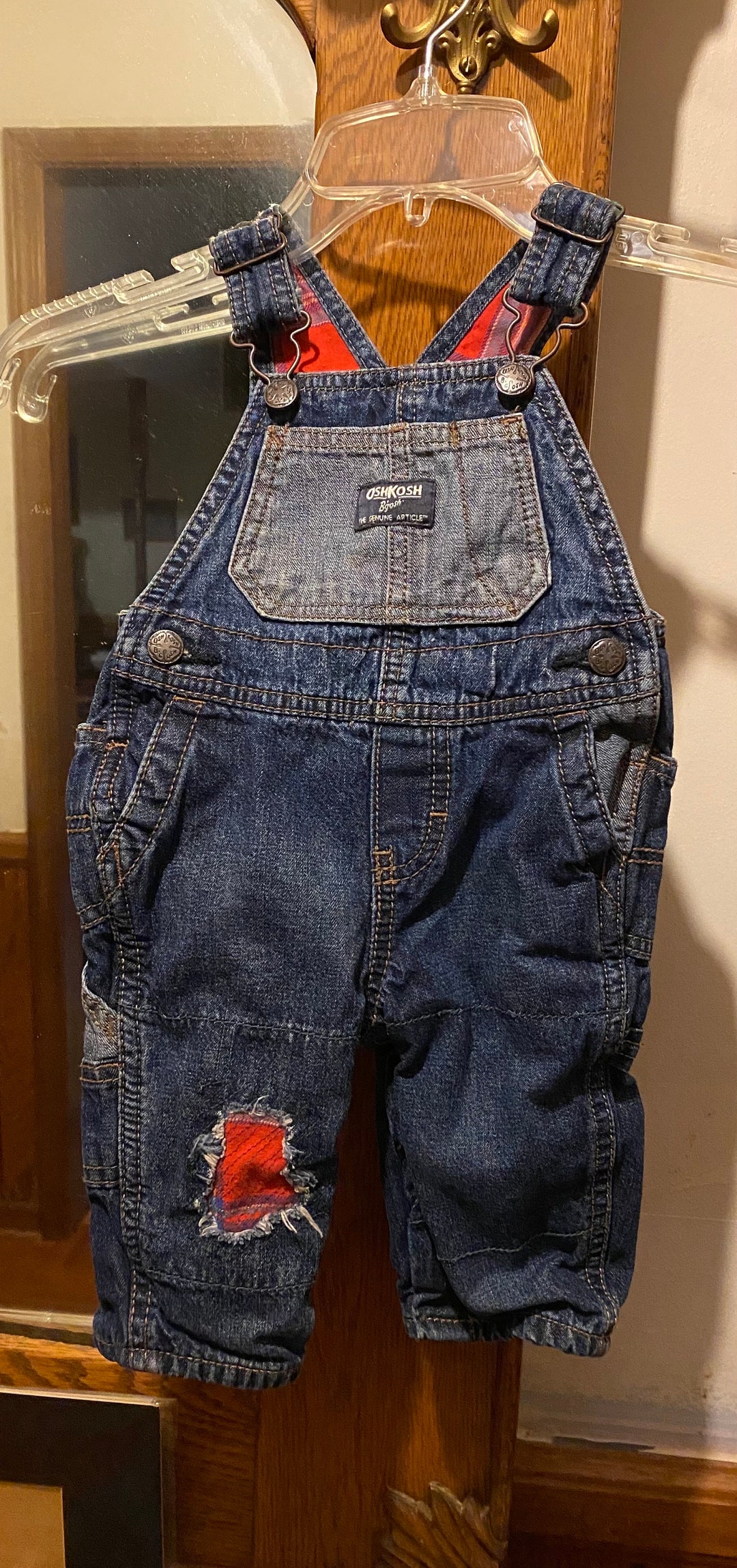 Oshkosh Red Flannel Lined Overalls 6 Month Faded Blue Denim Patched ...