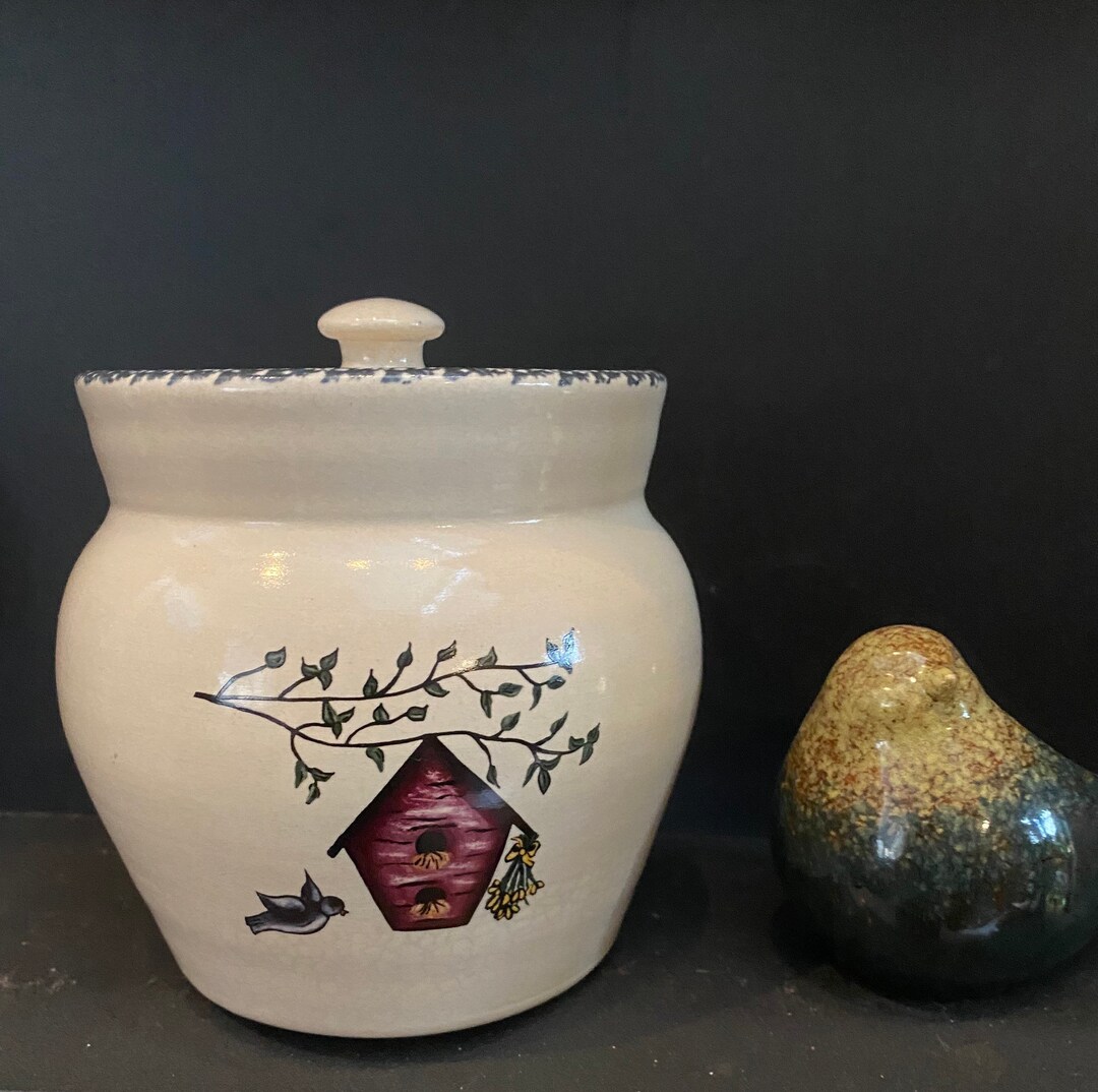 Birdhouse Canister Casey Pottery Canister Small Blue Sponge Around Rim ...