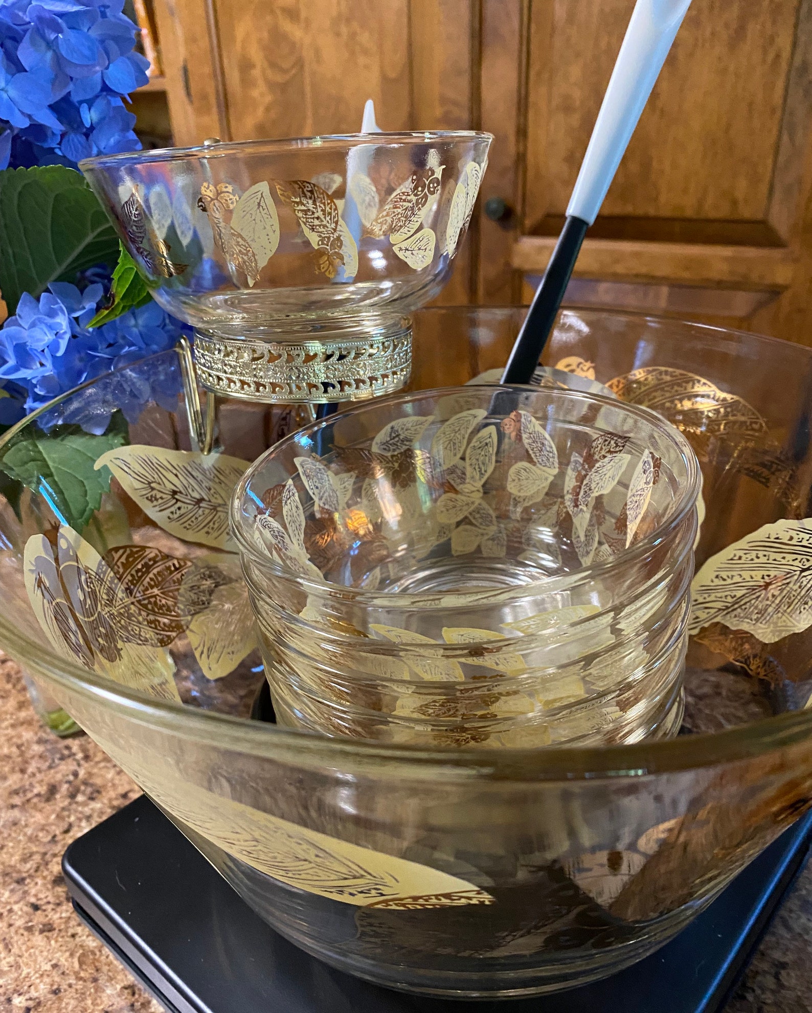 Chip N Dip Set Snack Bowl W 8 Serving Bowls Gold Yellow Leaf W Leaves ...