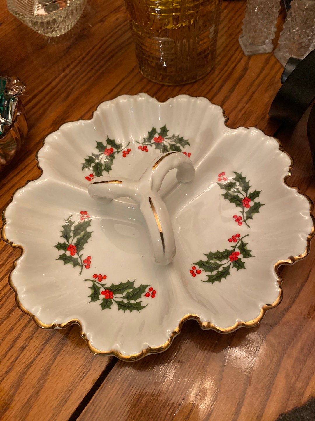 Christmas Holly Candy Dish 3 Sectional Dish W Triple Handles Ruffled ...