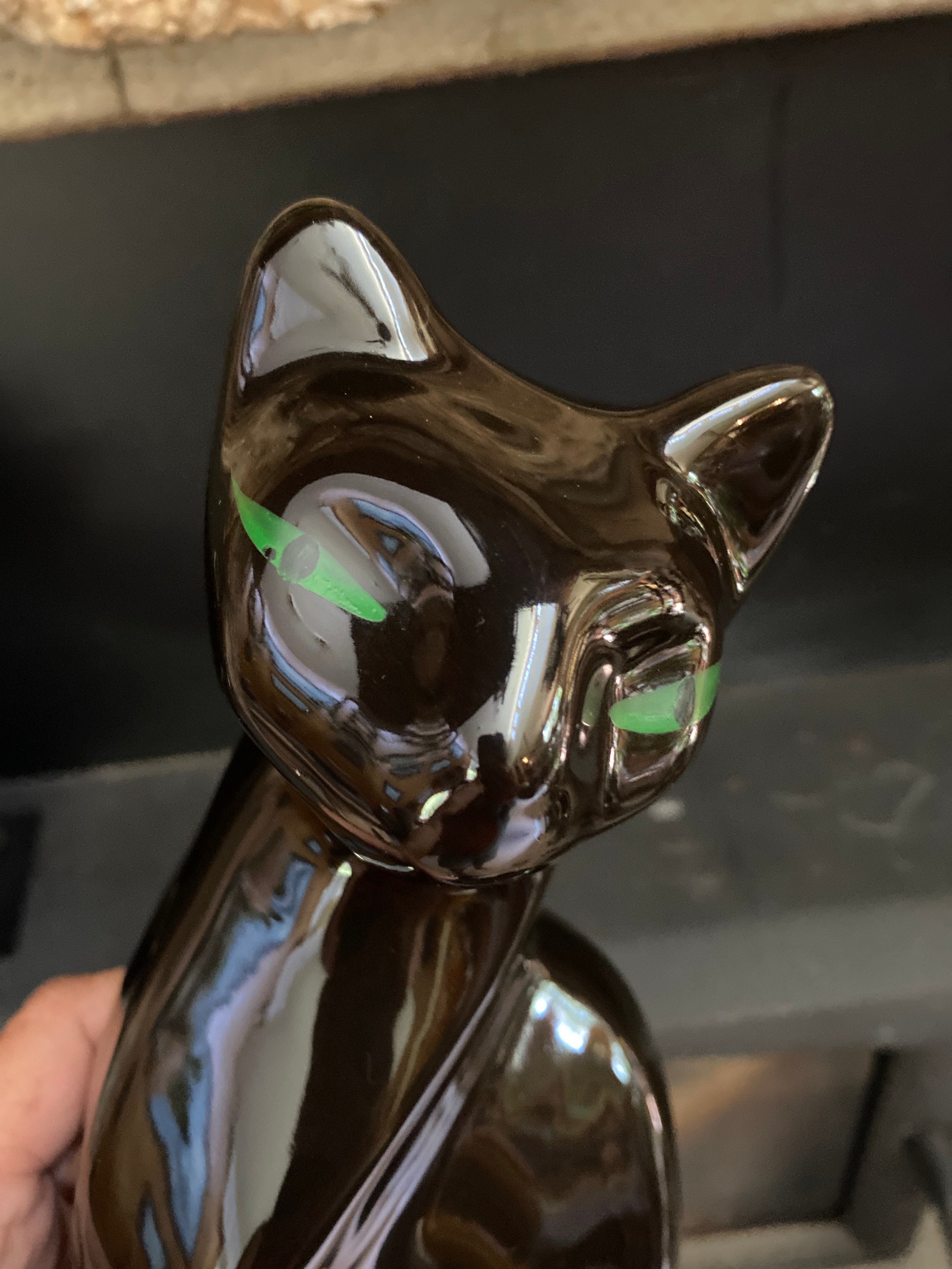 Black Ceramic Cat Statue Jade Green Eyes 11.5 Inch Tall - Etsy