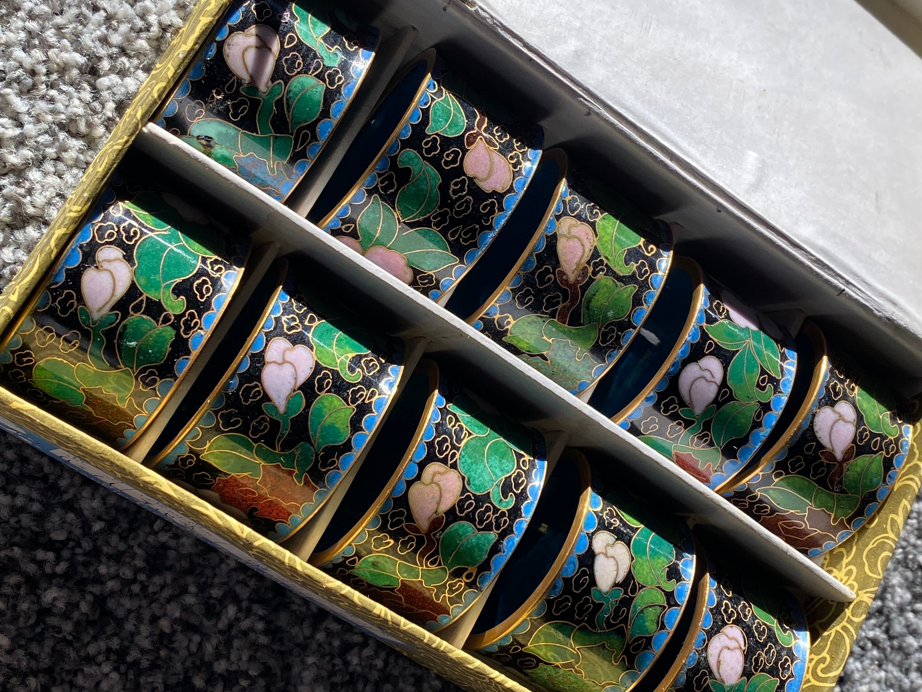 Hand Made Cloisonné Brass Napkin Rings Boxed Set of 10 Chinese Matching ...