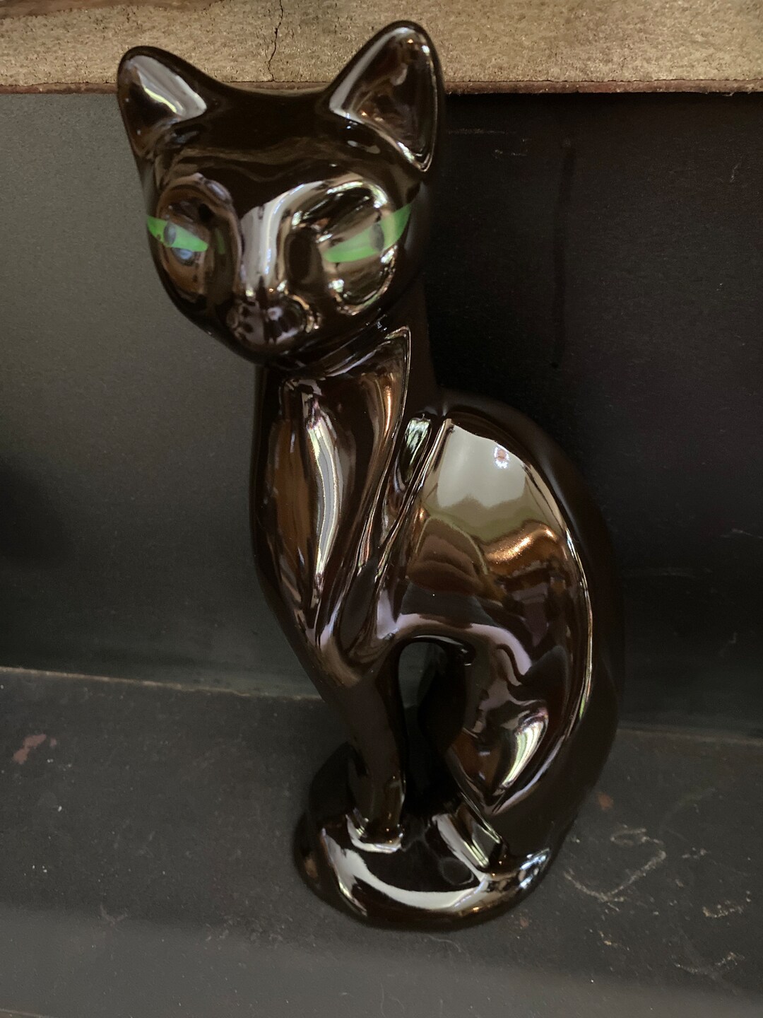 Black Ceramic Cat Statue Jade Green Eyes 11.5 Inch Tall - Etsy