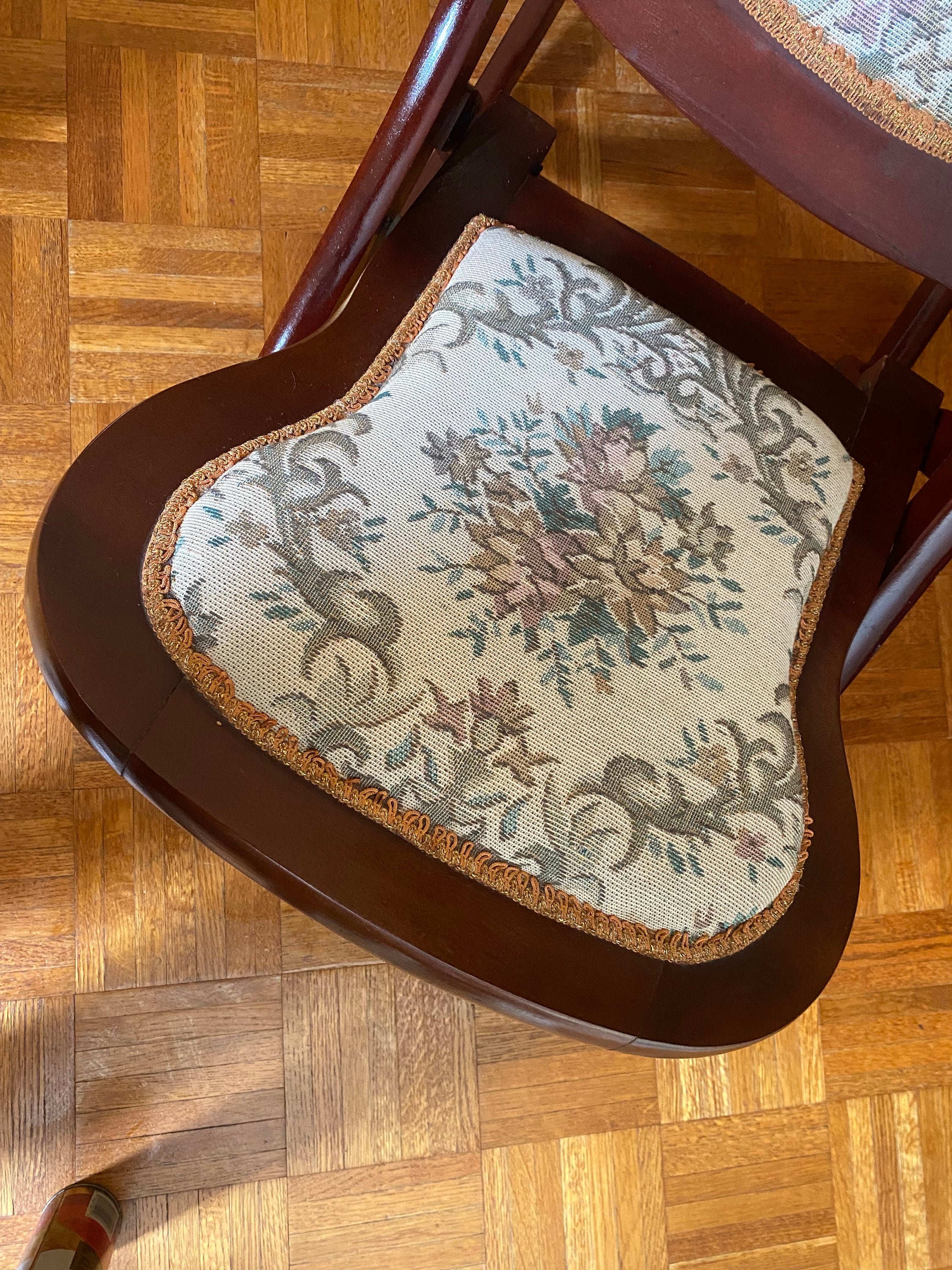 Small Folding Wooden Rocking Chair Crewel Cushions Floral Tapestry ...