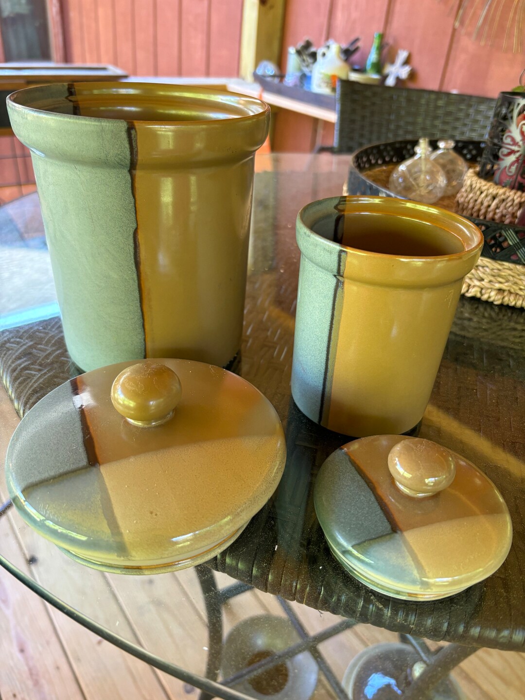 Sango Gold Dust Green 5040 Canisters Set of 2 With Green Brown Tan ...