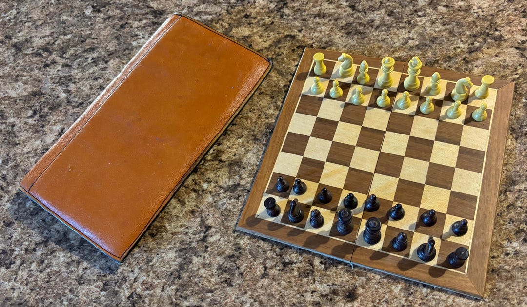 Magnetic Travel Chess Set in Leather Wallet Miniature Folding Wood ...