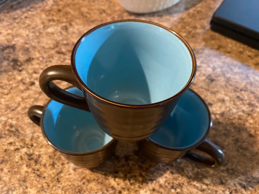 Sango China Coffee Mug/cups Chocolate Brown W Teal Aqua Turquoise Set ...